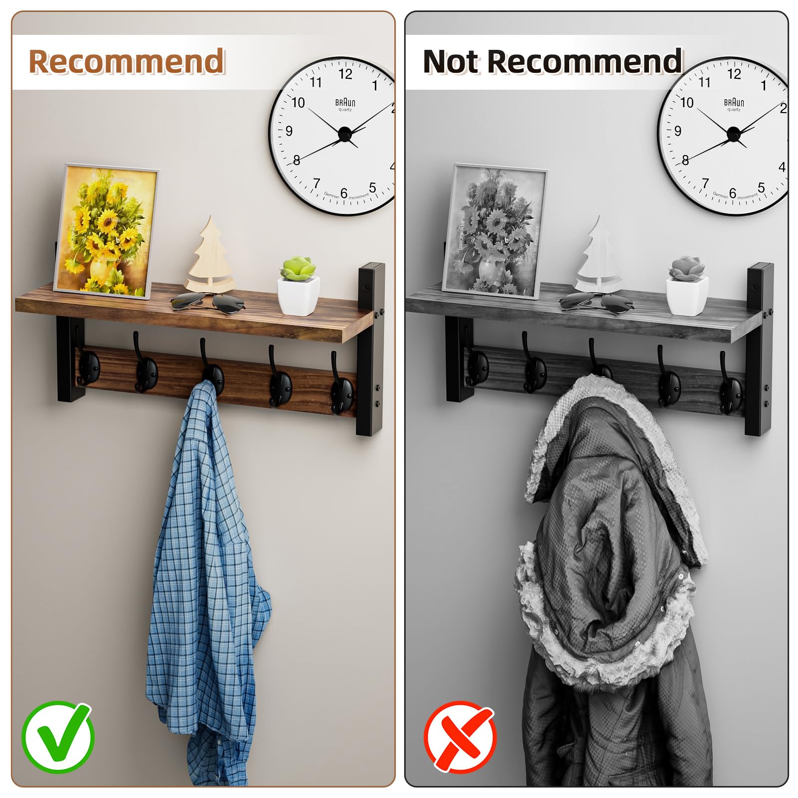 VITVITI Coat Rack Wall Mount with Shelf, Wood Entryway Coat Hanger with 5 Metal Hooks, Farmhouse Hat Coat Rack for Wall Living Room/Bathroom/Kitchen, Rustic Brwon