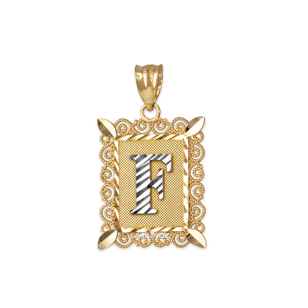 LA BLINGZ 14K Yellow Gold Filigree Alphabet Initial Letter F DC Pendant (S/L) (Large)