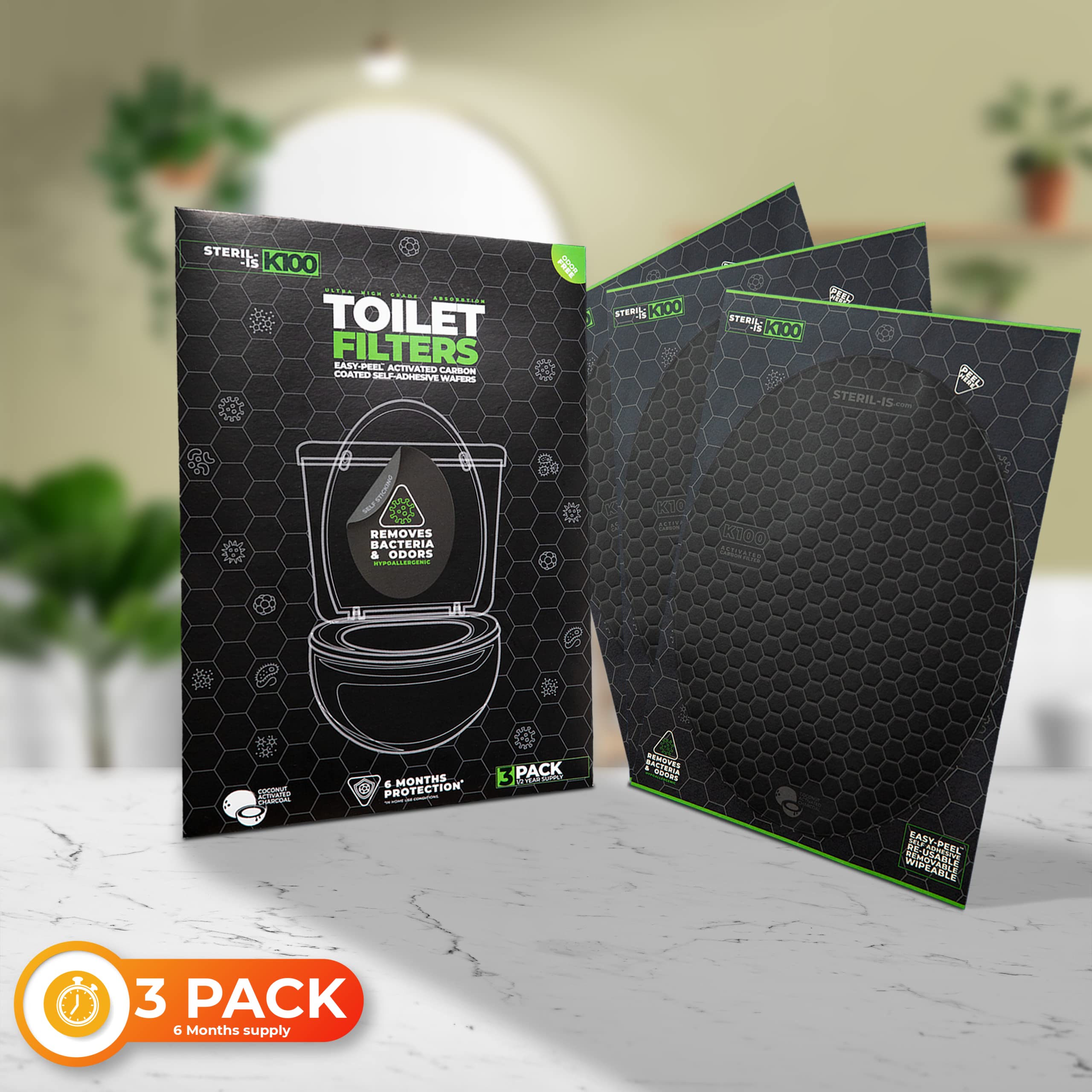 STERIL-IS Activated Charcoal Toilet Seat Air Purifier Activated Carbon Filter 3 Pack