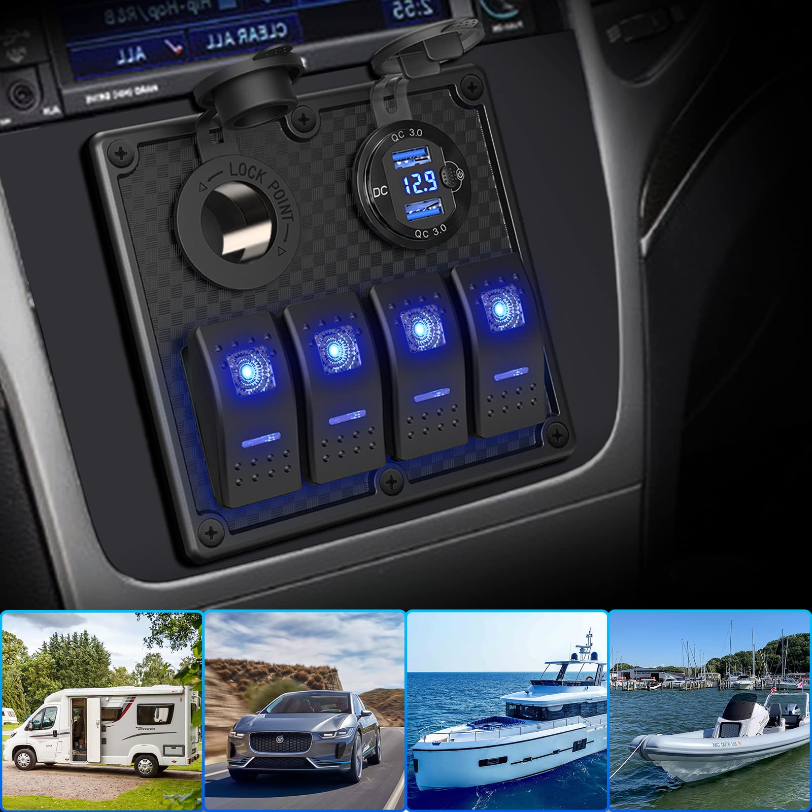 Ouffun 4 Gang Marine Boat Rocker Switch Panel, 12V Waterproof RV Led Switch Panel for for Car Truck RV Boat Aluminum Dual QC3.0 USB Charger Socket with LED Voltmeter Power Switch, 150W DC Power Socket