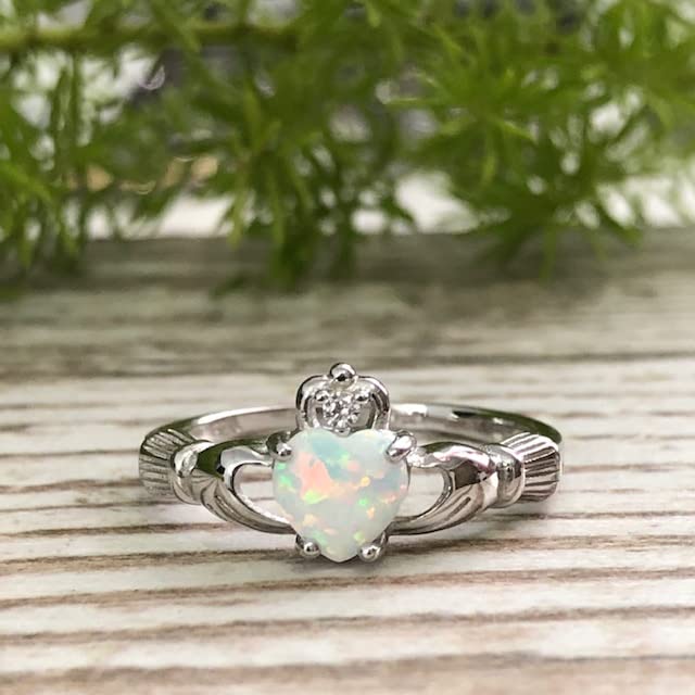 Kriskate & Co. Irish Claddagh Ring .925 Sterling Silver with Simulated Lab Opal Heart Promise Ring Size 6
