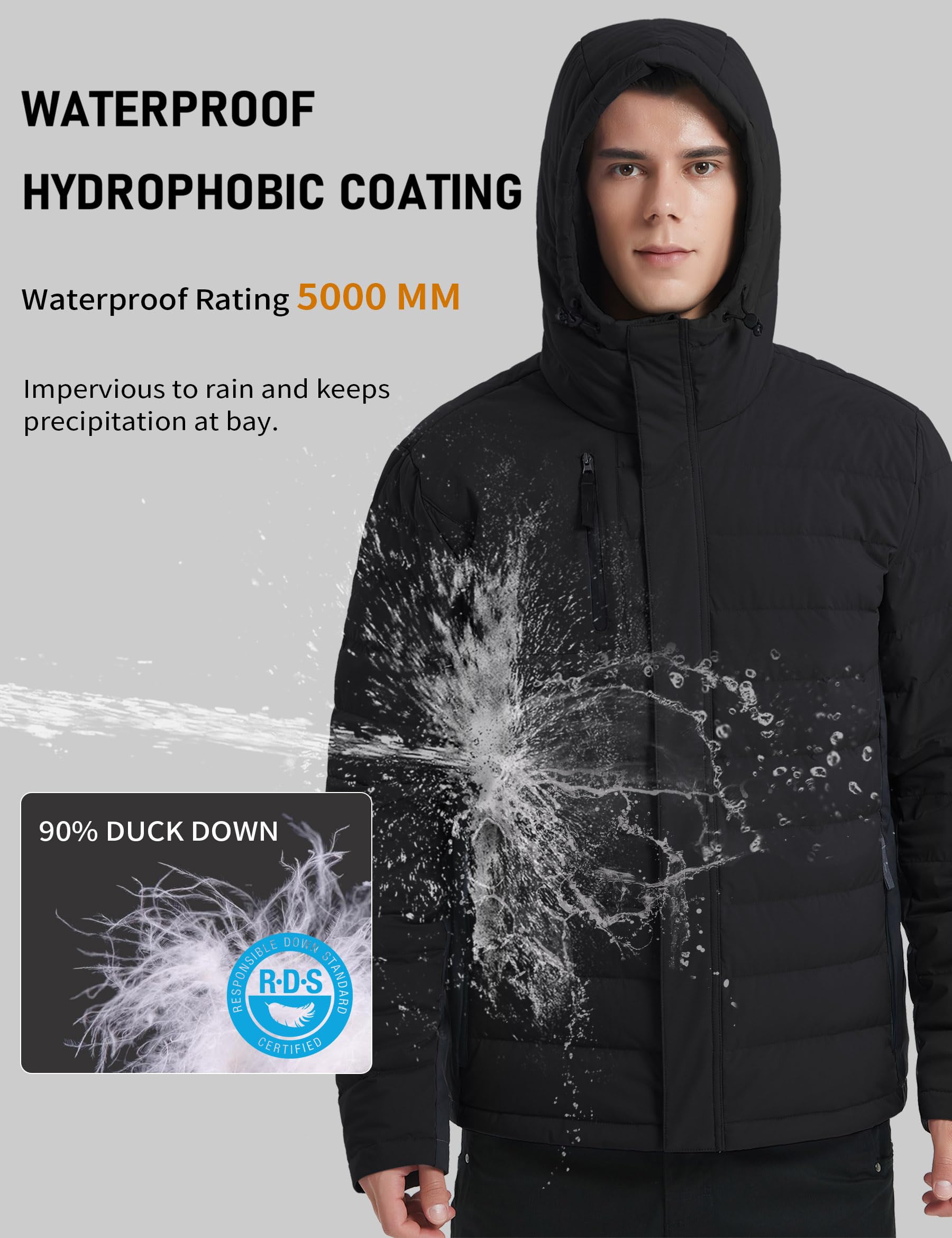 Lesmart Mens Down Jacket Hooded Puffer Jacket Lightweight Water-Resistant Winter Down Coat Black M