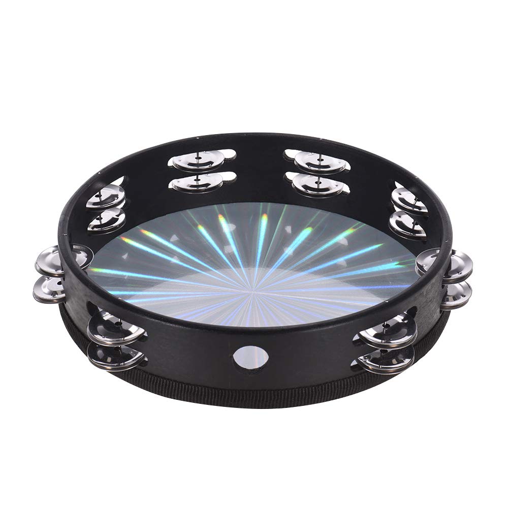 Mowind Tambourine Radiant 10 Inch Hand Held Drum with Double Row Jingles Reflective Drum Musical Instrument for Games KTV Party