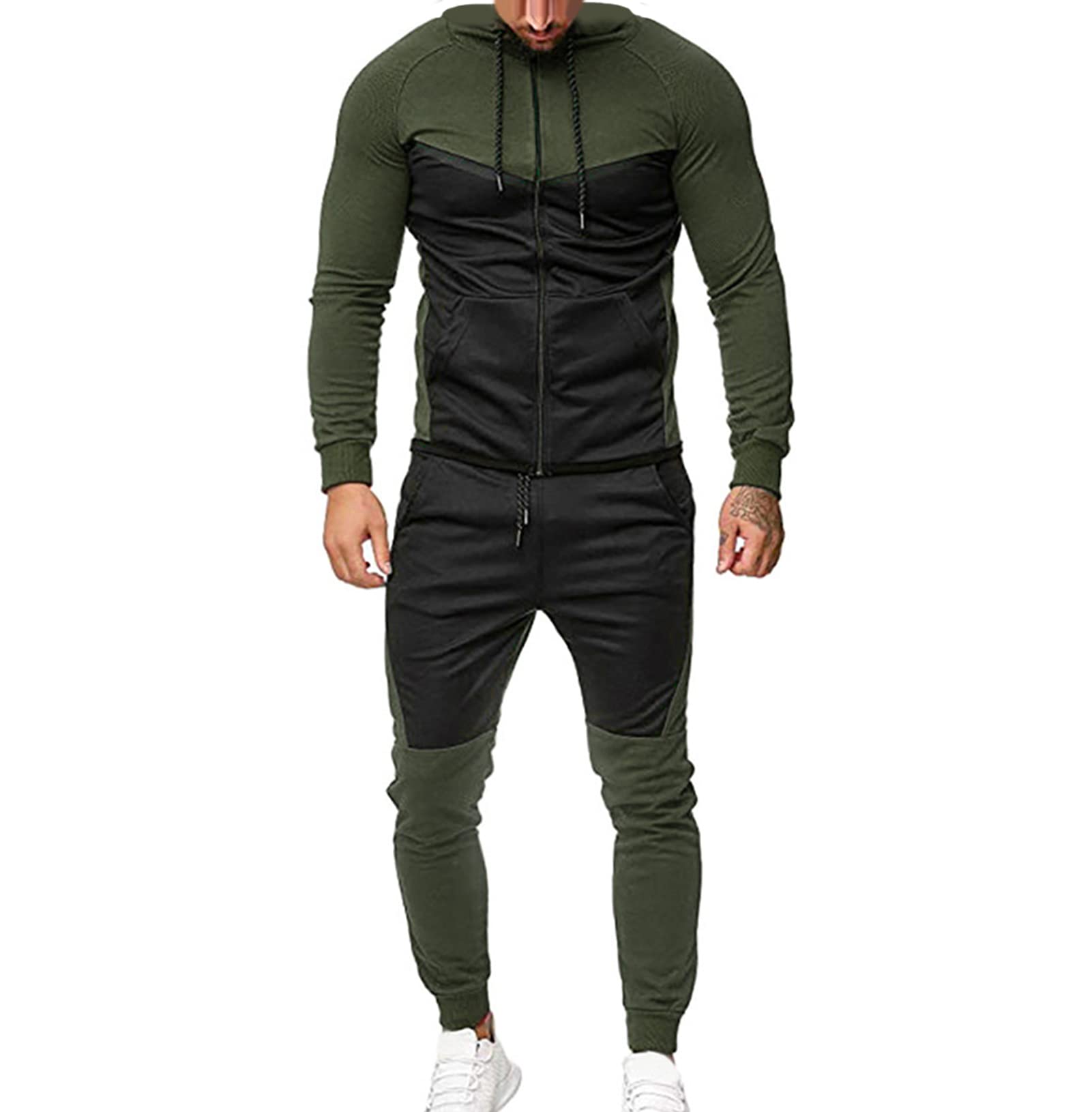 lisenraIn Men's Tracksuit Set Camouflage Sweatshirt Jogger Sweatpants Solid Patchwork Warm Sports Suit (Grey, XXL)
