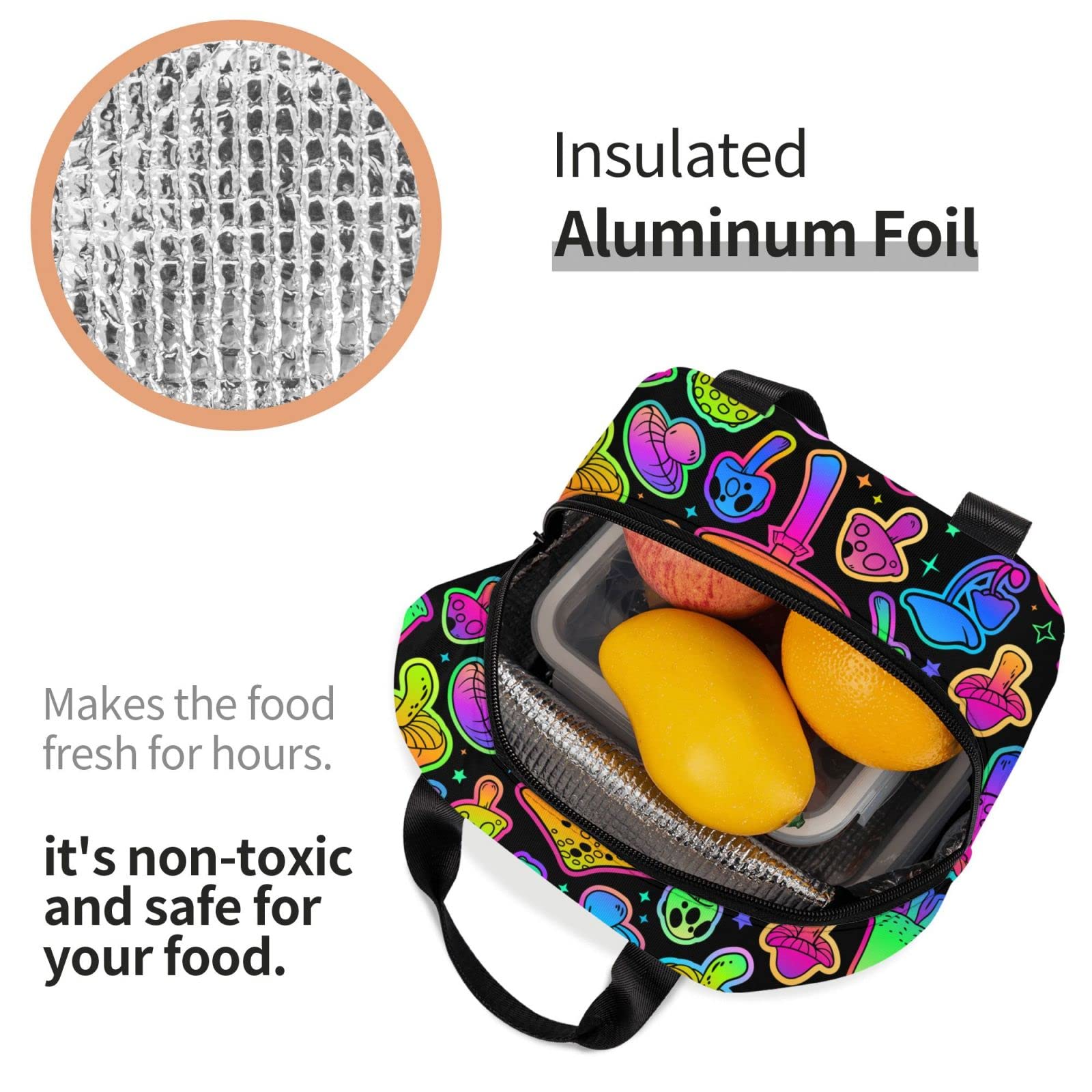 Psychedelic Magic Mushrooms 60s Hippie Reusable Insulated Lunch Bag For Women Men Waterproof Tote Lunch Box Thermal Cooler Lunch Tote Bag For Work Office Travel Picnic