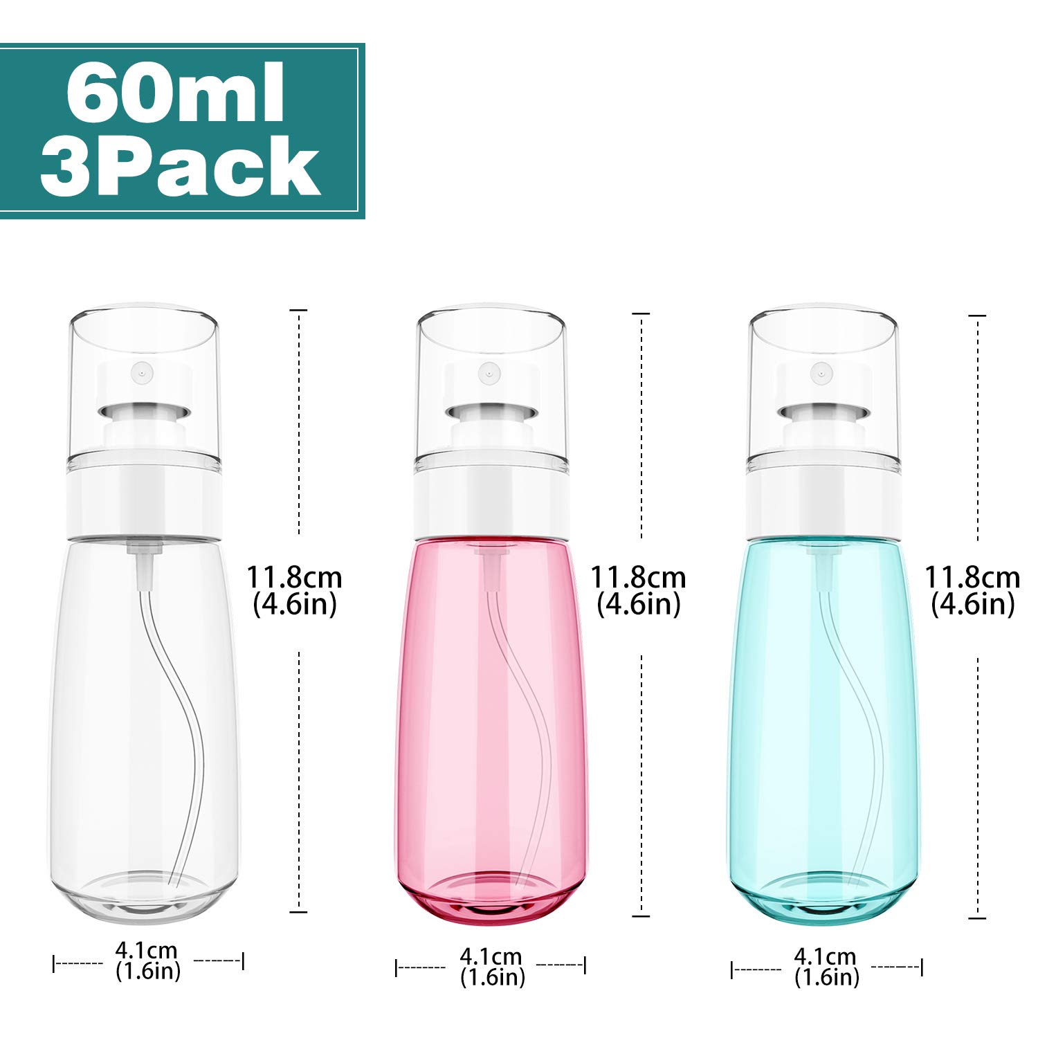 MoKo 3-pack Travel Fine Mist Spray Bottles, 2.03oz / 60ml Portable Refillable Spray Container Bottle Sprayer for Skincare Perfume Toning Lotion Toner Water Alcohol Makeup Remover, Green & Pink & White