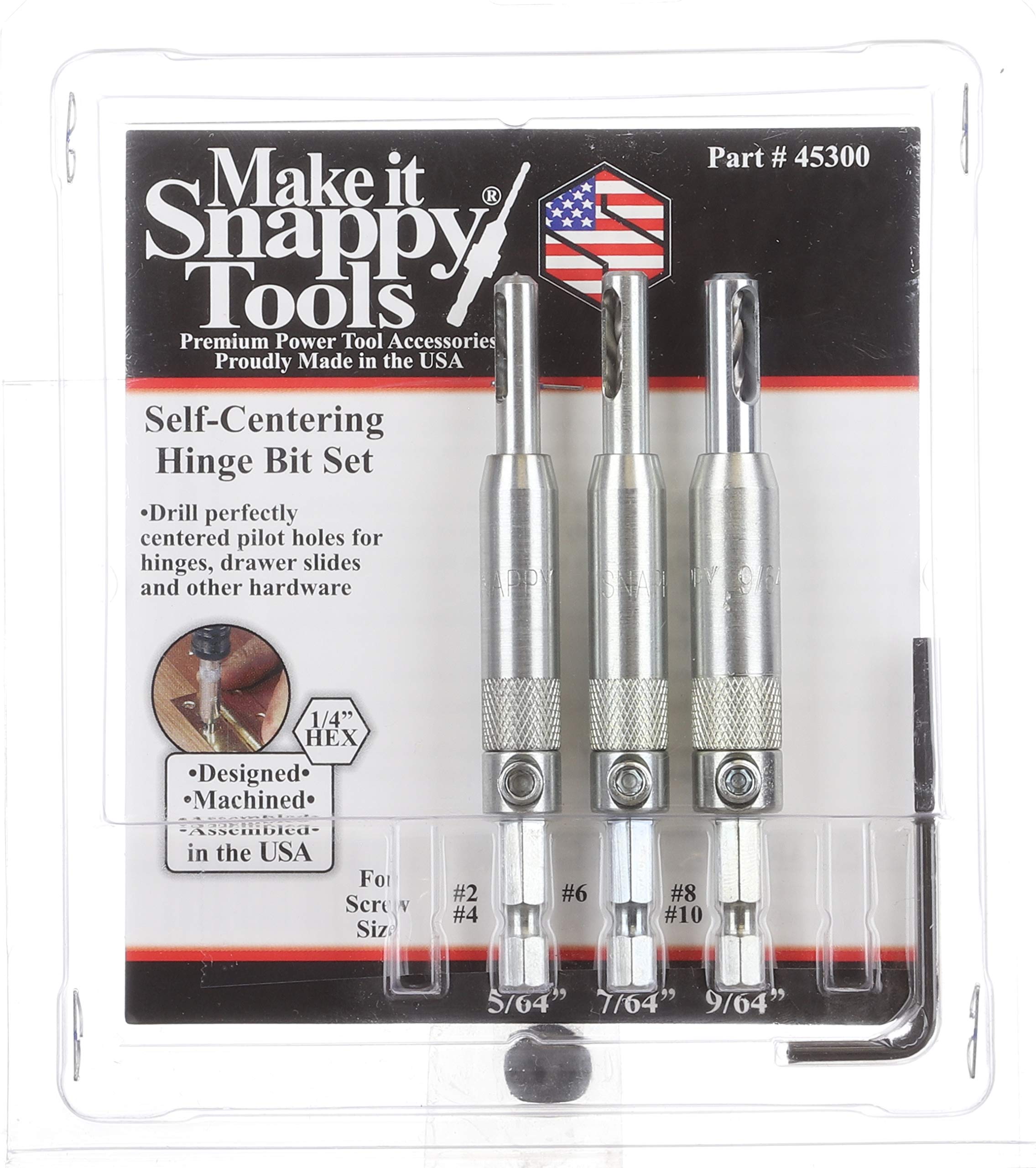 Set of 3 Snappy Tools Hinge Bits - 5/64", 7/64", 9/64" Spring Loaded Self Centering. Made In The USA.