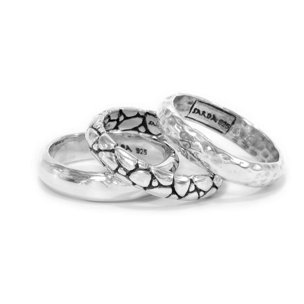 SARDA - .925 Sterling Silver Watermark Mosaic, Hammered & High Polish Set of 3 Stacking Rings - Handmade by Bali Artisans - Size 8