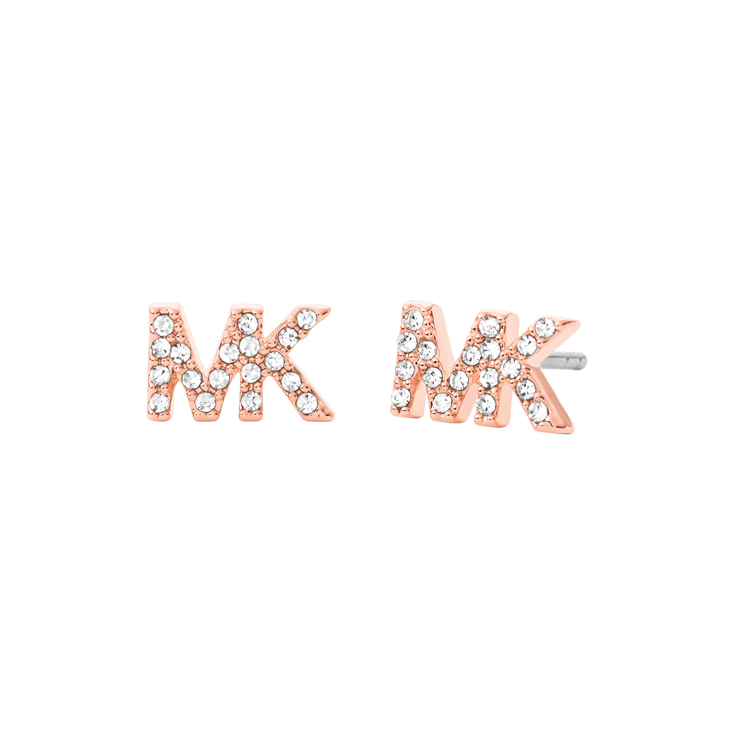 Michael Kors Brass and Pavé Crystal MK Logo Stud Earrings for Women, Color: Rose Gold (Model: MKJ7708791)