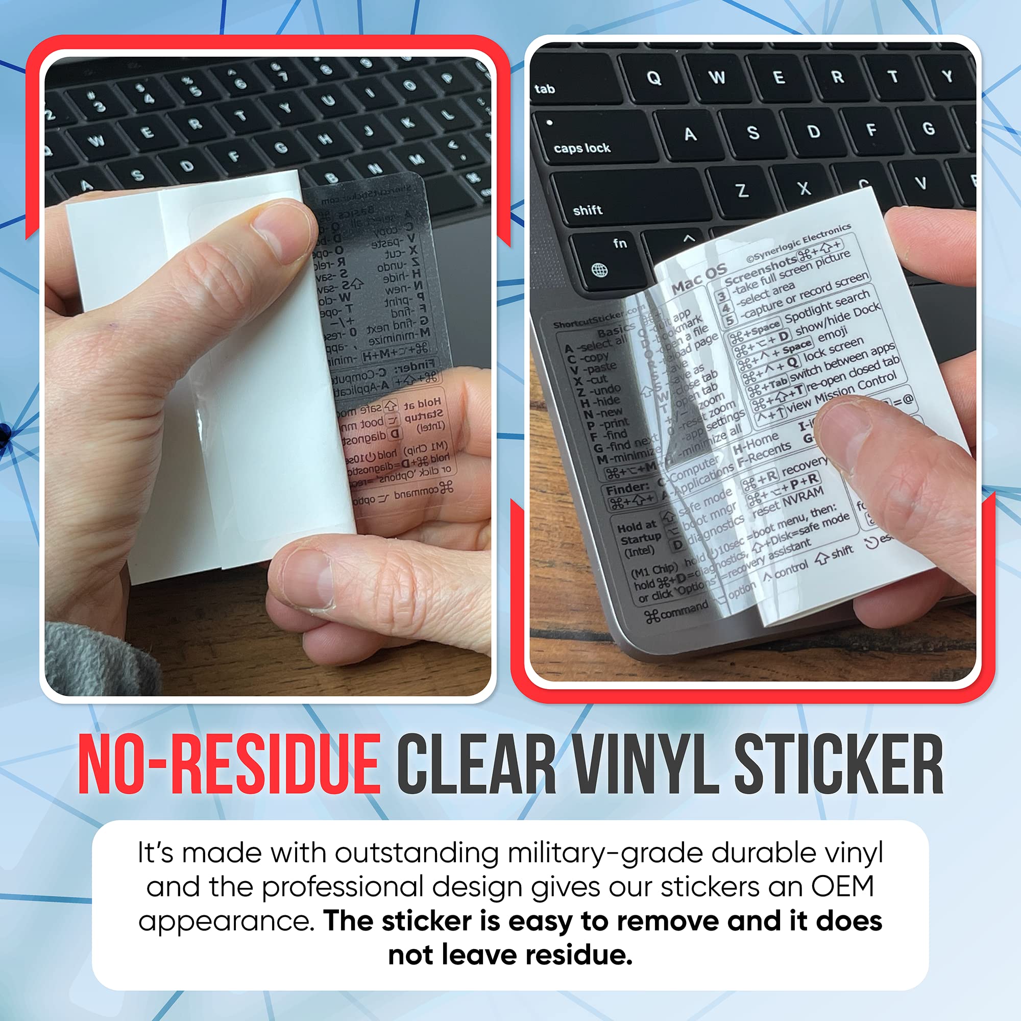 SYNERLOGIC Mac OS (Sonoma/Ventura/Monterey/Etc) Keyboard Shortcuts, M1/M2/M3/Intel No-Residue Clear Vinyl Sticker, Compatible with 13-16-inch MacBook Air and Pro
