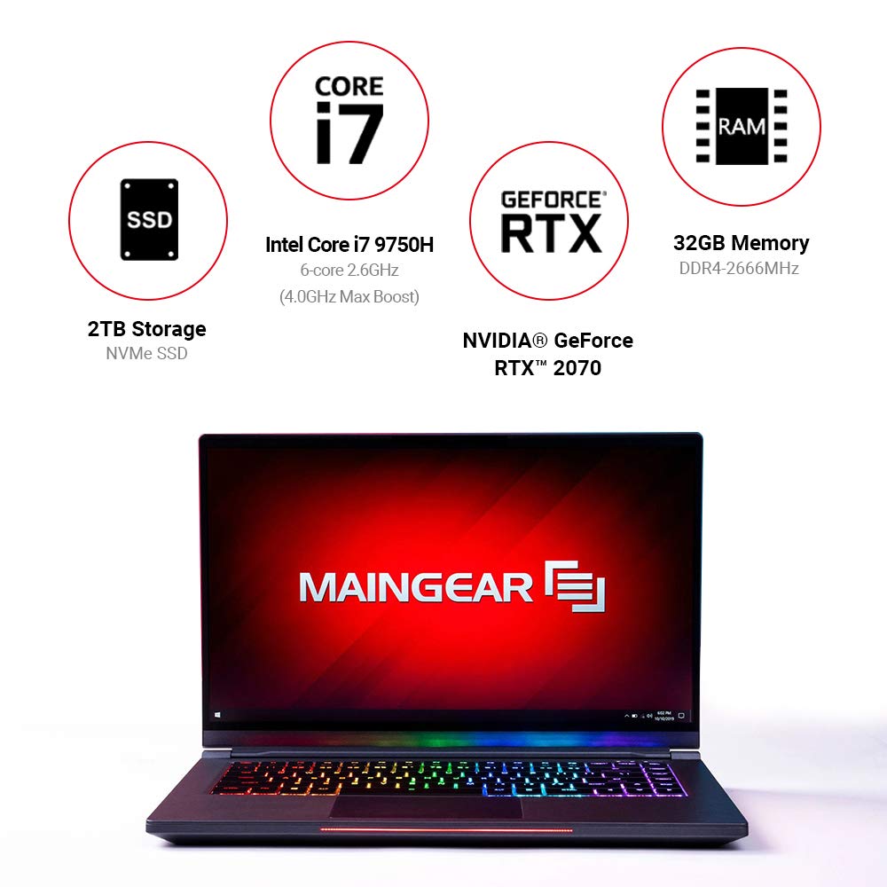 MAINGEAR Element 15.6 FHD 144Hz Gaming Laptop Notebook PC Intel Core i7-9750H 2.6GHz GeForce RTX 2070 MAX-Q 8GB GDDR6, 32GB DDR4-2666 Memory, 2TB NVME SSD, Windows 10 Pro, Thunderbolt 3, WiFi6