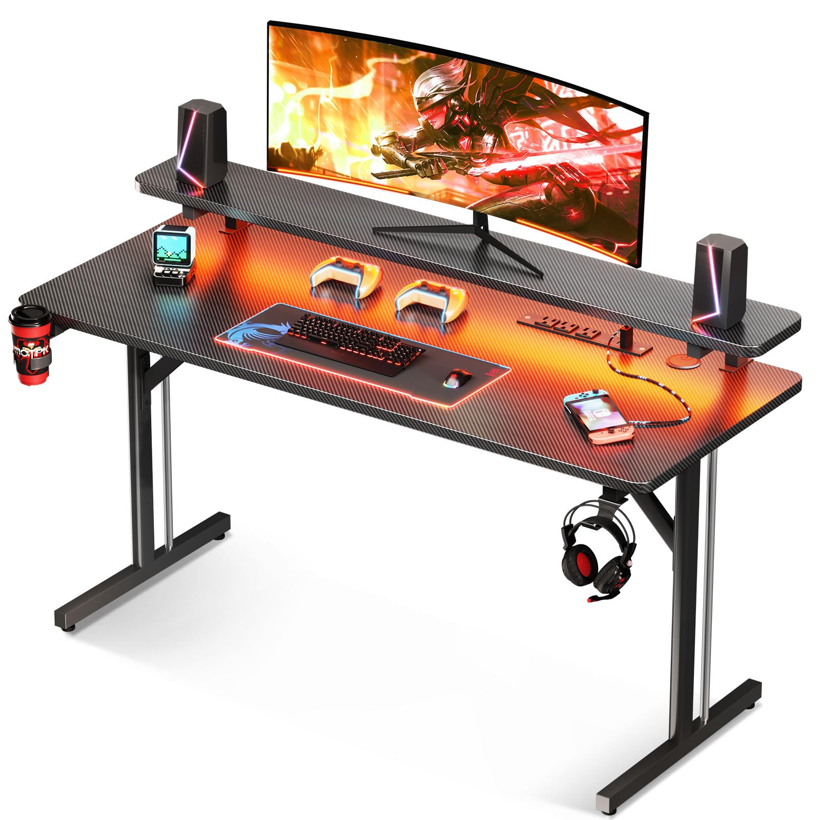 MOTPK Gaming Desk with LED Lights & Power Outlet, Computer Desk 48 Inch Home Office Desk T-Shaped Gaming Table, Carbon Fiber Gaming Computer Desk with Cup Holder Rack and Headphone Hook, Black