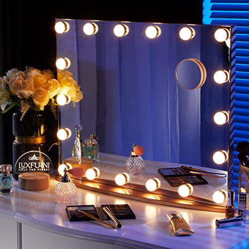 LUXFURNI Vanity Tabletop Hollywood Makeup Mirror w/USB-Powered Dimmable Light, Touch Control, 12 Day/Warm LED Light (16Wx20L, White)