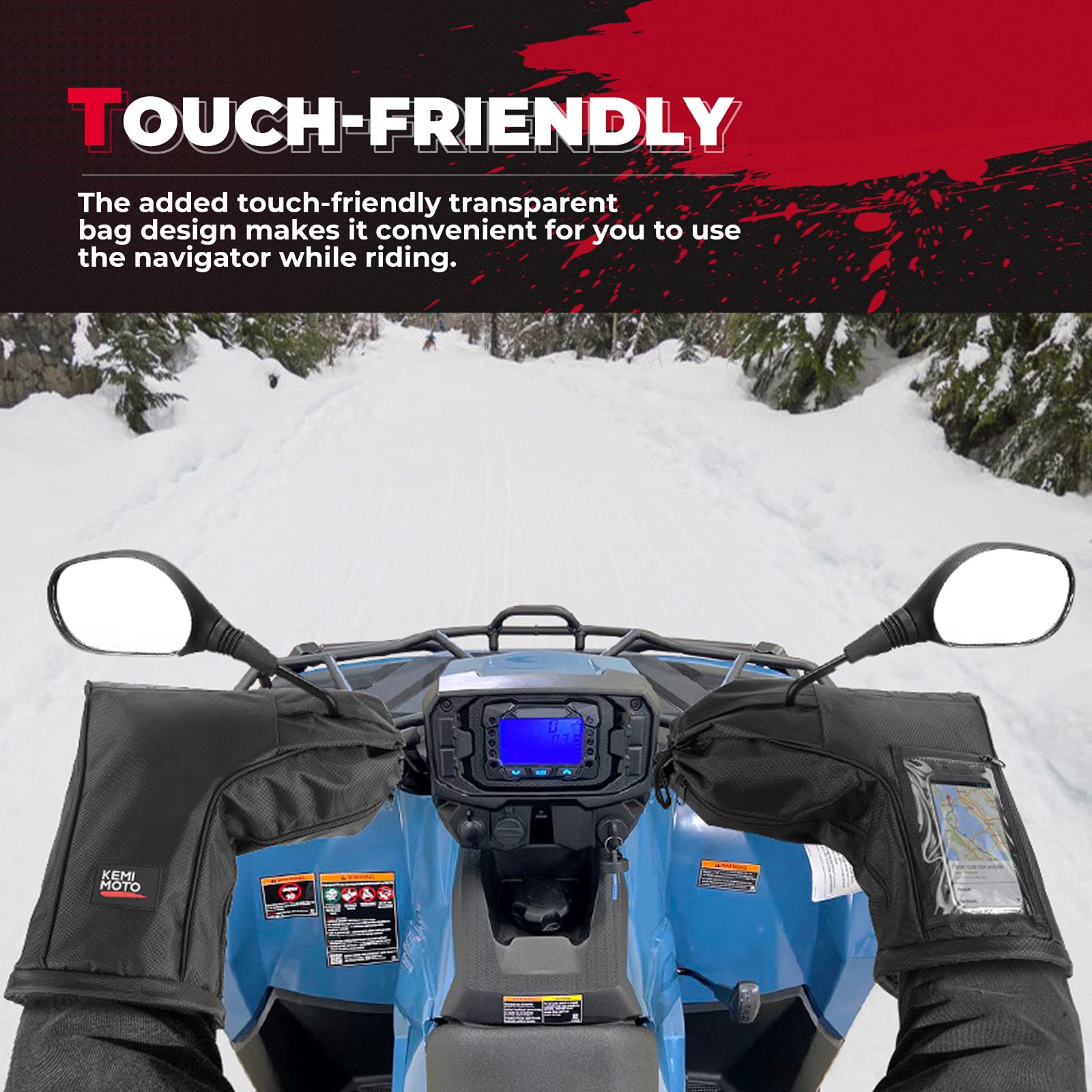 KEMIMOTO ATV Gloves, Touch-Friendly Bag/Front Wind-Breaking Guard Motorcycle Gloves Snowmobile Handlebar Gloves Compatible with Sportsman Scrambler FourTrax Grizzly Snowmobile Bicycle