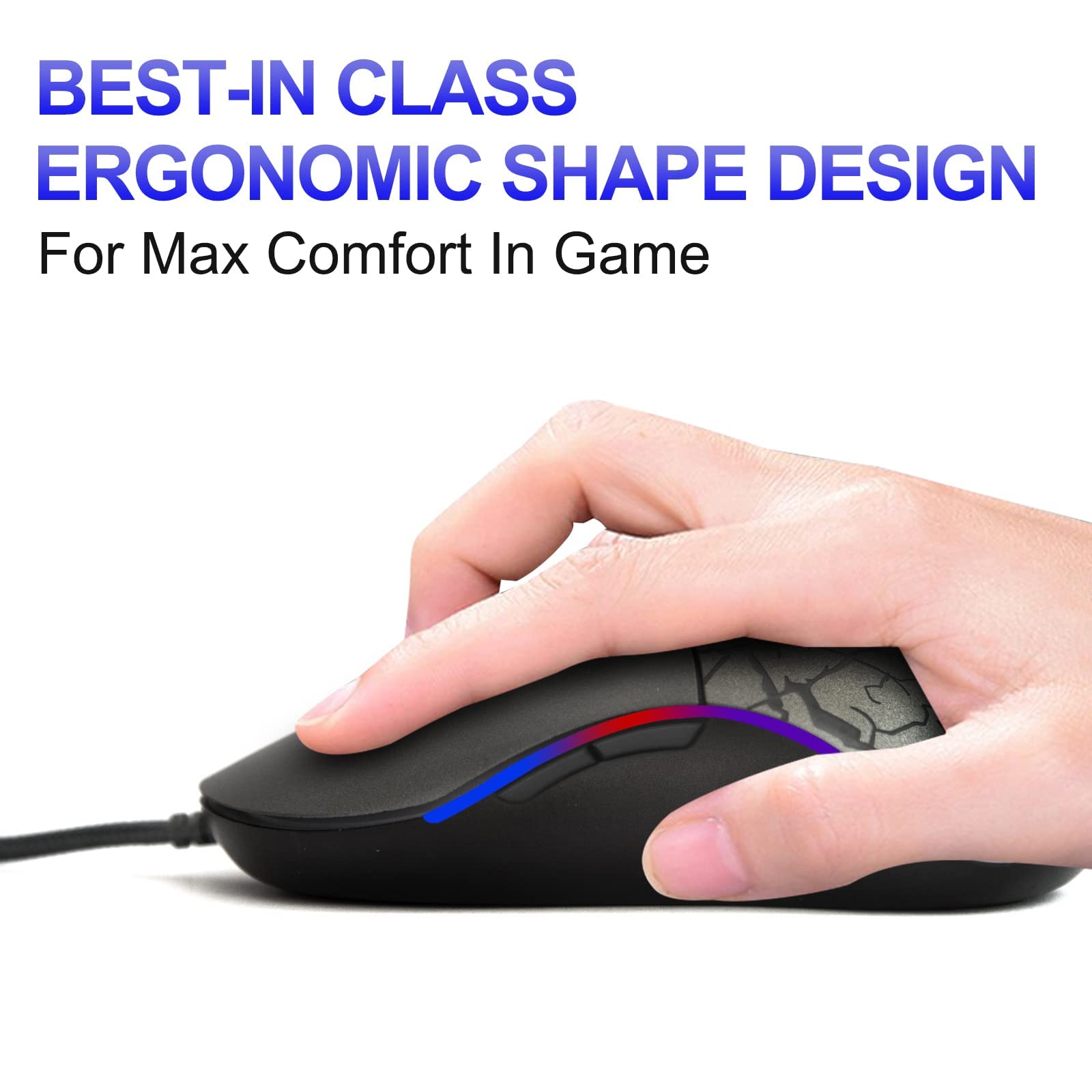 MOZETEGY RGB Gaming Mouse Wired Ergonomic Mouse USB Optical Computer Mice with Backlight Modes up to 3200 DPI for Laptop PC Computer Gamers & Work, Grey