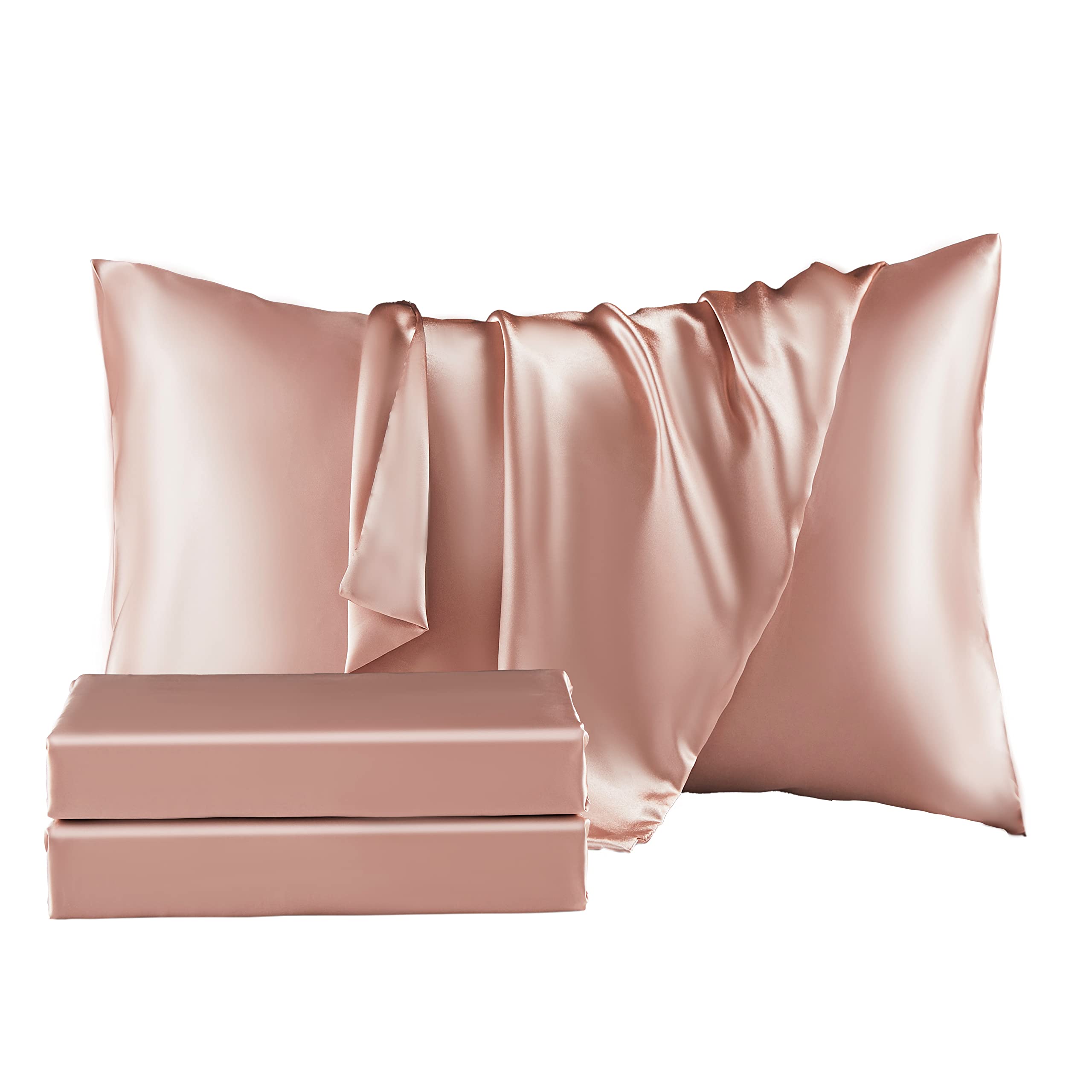 Koreyoshi 4 Pcs Satin Sheets Full - Luxury Silk Silky Super Soft Extra deep Pocket Full Sheet Sets - Wrinkle & Fade Free - Deep Pocket Fitted Sheet, Flat Sheet, Pillow Cases (Pink Champagne, Full)