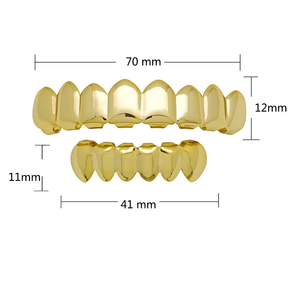 LuReen Shiny 14k Gold Silver Grillz 8 Teeth Top and 6 Bottom Set Mouth Grillz + Extra 2 Molding Bars