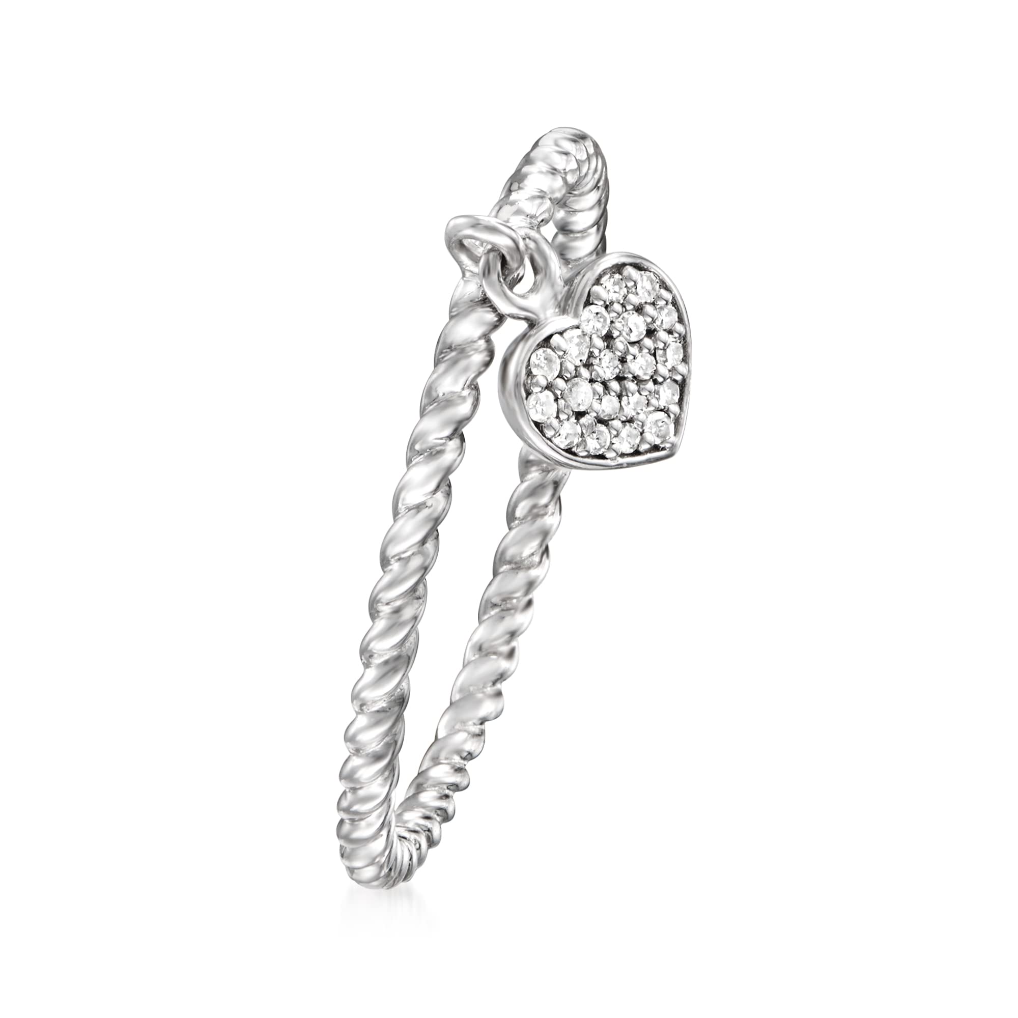 RS Pure by Ross-Simons Sterling Silver Heart Charm Ring With Diamond Accents. Size 7