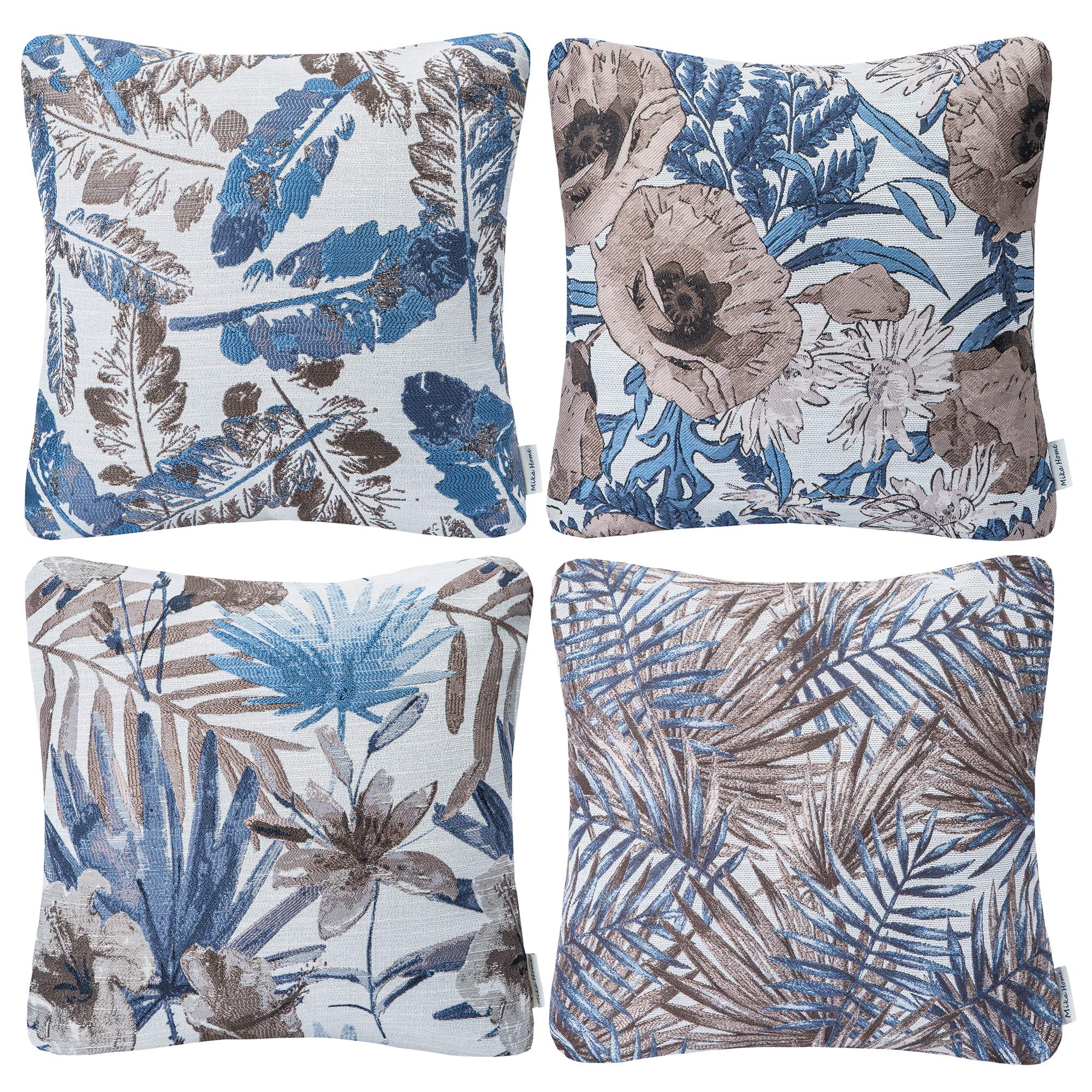 Mika Home Set of 4 Blue Garden Series Throw Pillow Covers Pillow Cases for Sofa Couch Home Decorations Flowers and Leaves 18" x 18" 45cm x 45cm