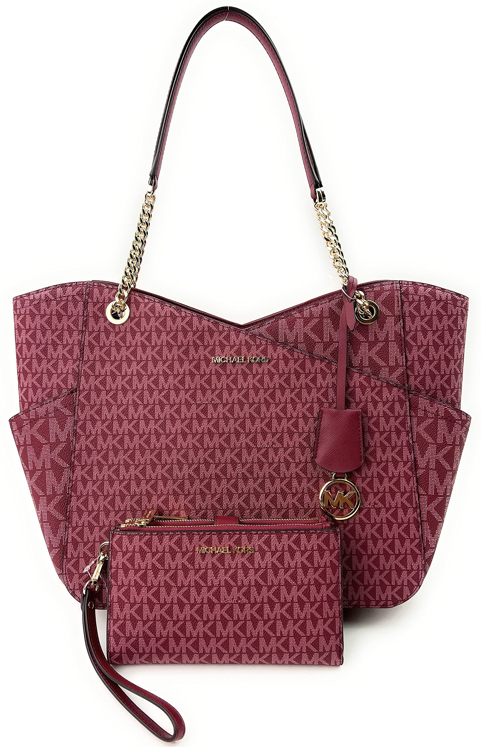 Michael Kors JS Travel Large Chain Shoulder Tote Bundled with Michael Kors Jet Set Travel Double Zip Wallet (Mulberry Multi)