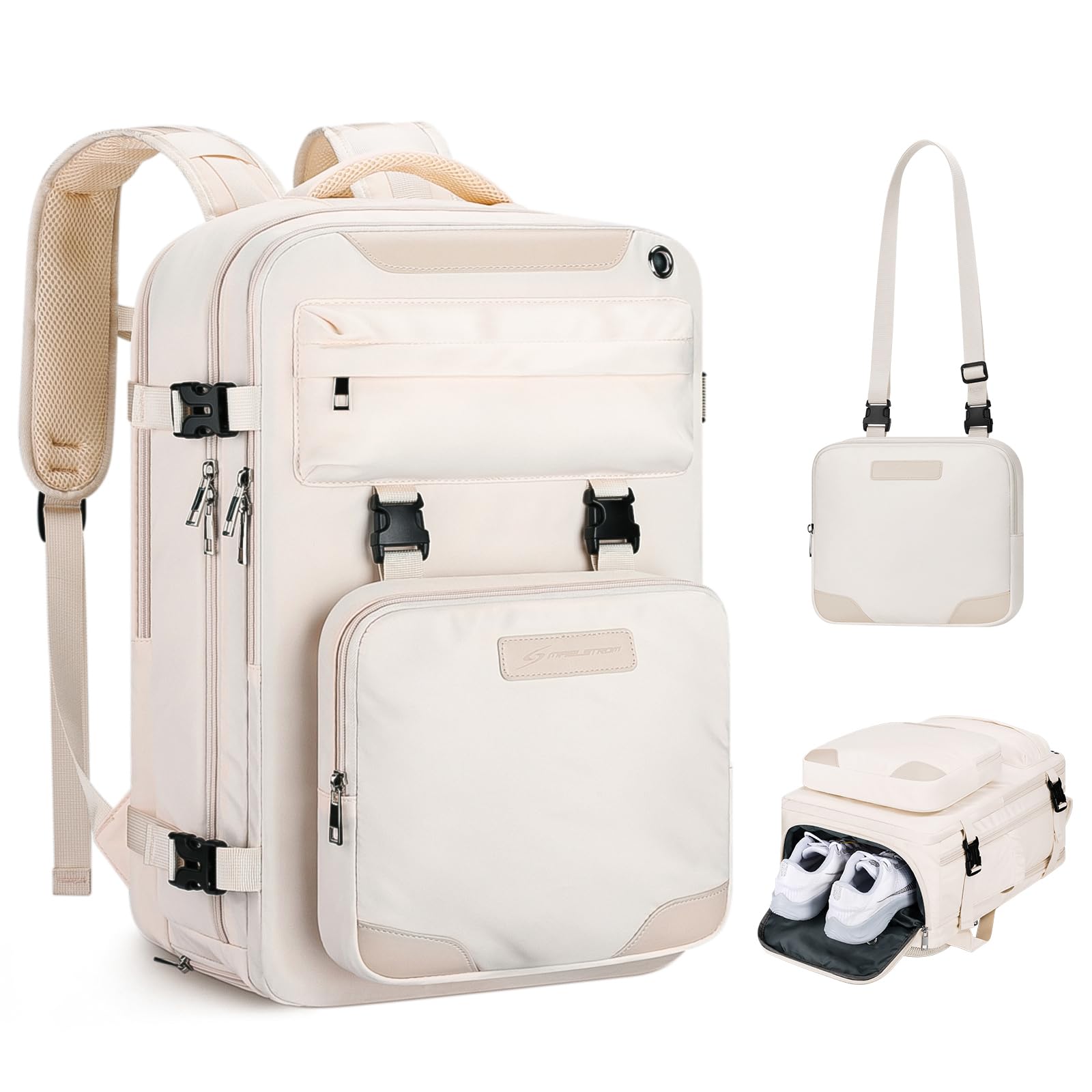 Maelstrom Travel Backpack for Women Men,35L Laptop Backpack Fits 17-Inch Laptop,Waterproof Carry On Backpack for Airplanes with Detachable Crossbody Bag&Shoe Compartment,Beige, Large