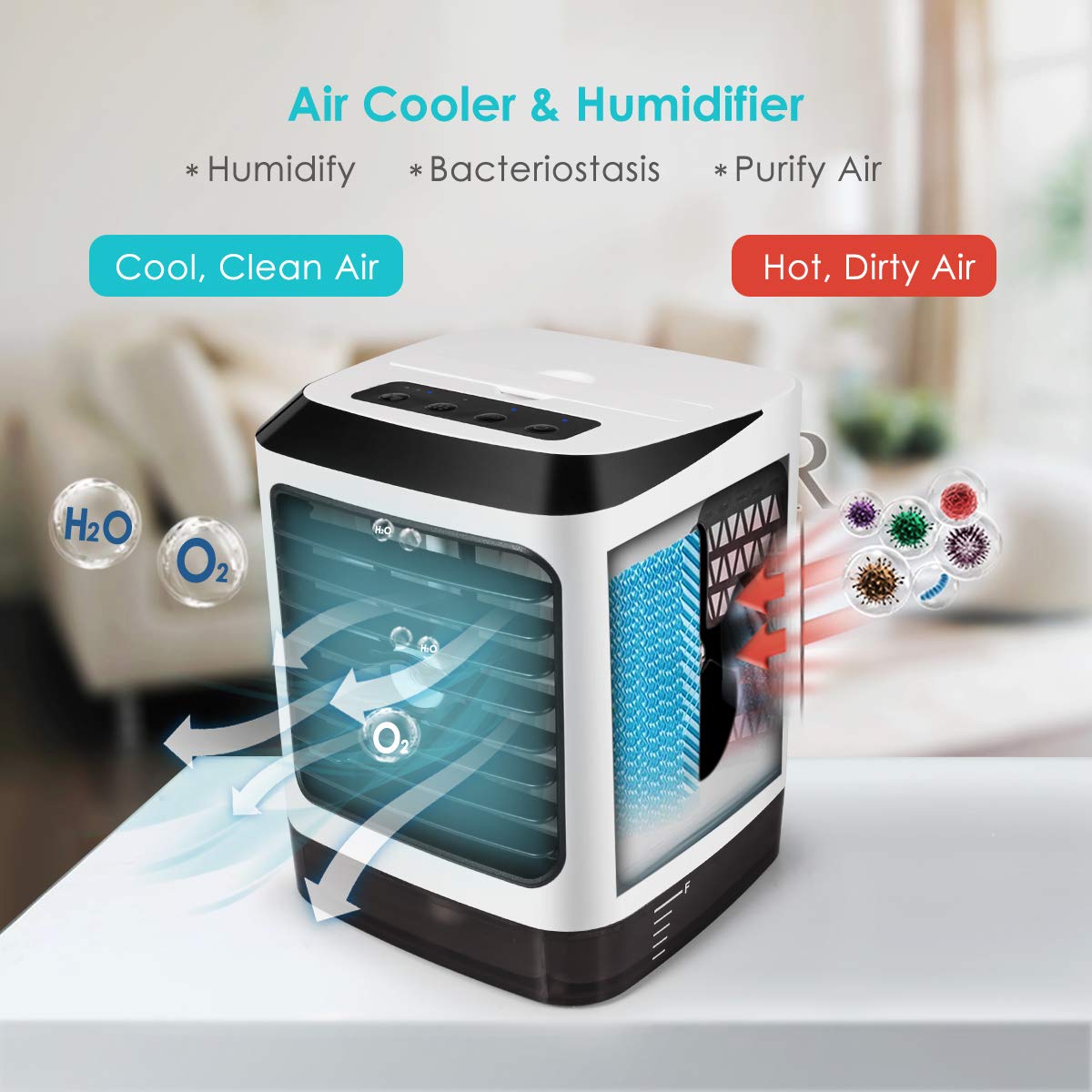 Sticque Portable Air Conditioner, Evaporative Personal Cooler Humidifier, 3 Speeds, 7 Colors LED Light, Freon Free Ice Fan with Handle, Misting Fast Cooling Desktop for Room, Office, Study