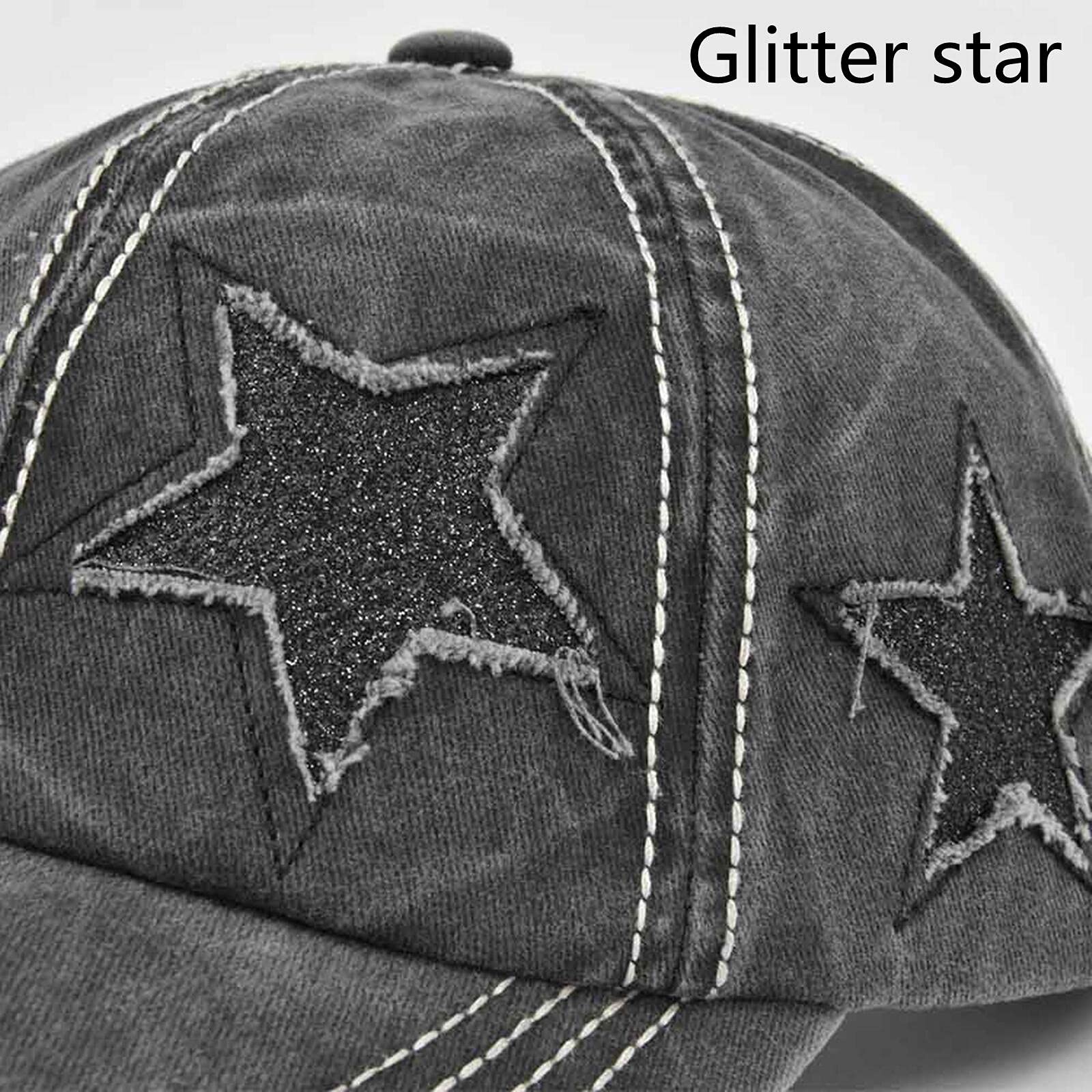 ProMindFun Womens Ponytail High Messy Bun Hats Distressed Baseball Caps Unconstructed Washed Dad Hat Girls Trucker Ponycaps (16-Glitter Black)