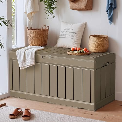 YESHOMY Storage Chest, Entryway Resin Shoe Bench with Hydraulic Bracket Flip Lid, Side Holder, Supports 450 lbs for Bedroom, Living Room, Lockable, Coffee