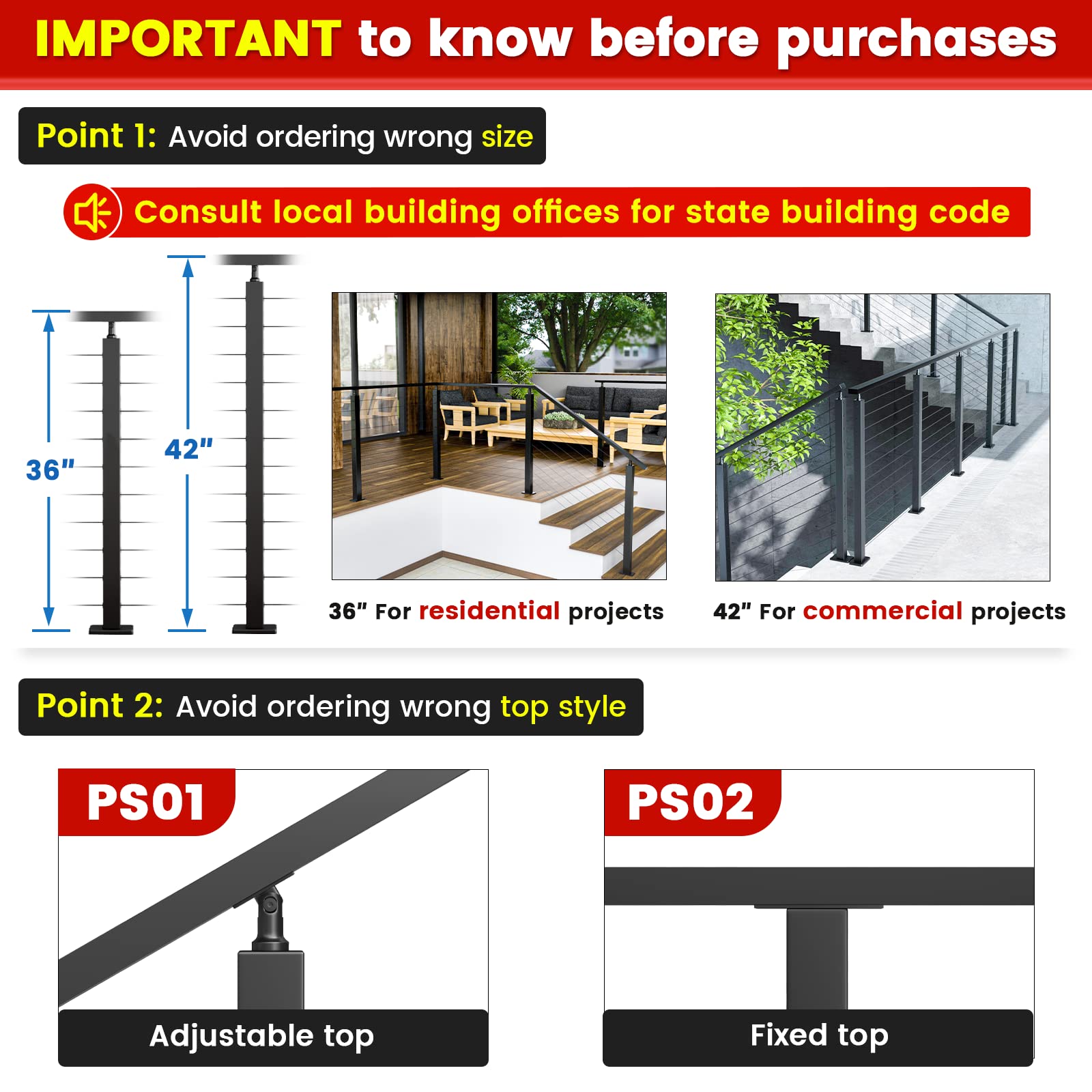 Muzata T-drilled Three Sides Post 36"x2"x2" Adjustable Top Cable Railing Post Top Mount Stainless Steel Black Finish Wood Concrete Level Deck, PS01 B34S