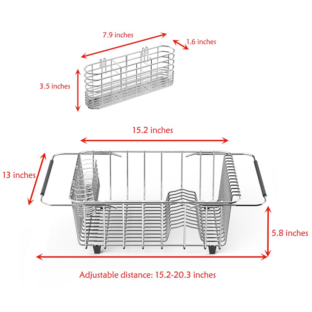 NiuYichee Expandable Dish Drying Rack, Drainage Rack Over Sink, Stainless Steel Dish Drainer Rack Organizer in Sink, Dish Drainer Basket Shelf on Counter, with Stainless Steel Utensil Holder