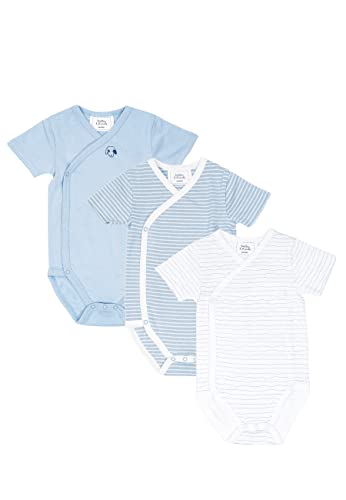 Stellou & friends Unisex, Short Sleeve, Crossbody, Side Snap, One-Piece Kimono Style, 100% Cotton Bodysuit - 3-Pack (Blue Solid and Stripes, 0-3 Months)