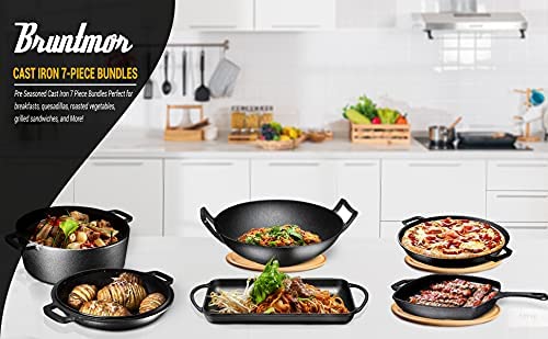 Pre Seasoned Cast Iron 7 Piece Bundle Gift Set, Double Dutch, Rectangular grill Pan, Wok, Large Skillet, Square Grill Pan & Chainmail, Camping Cookware Set