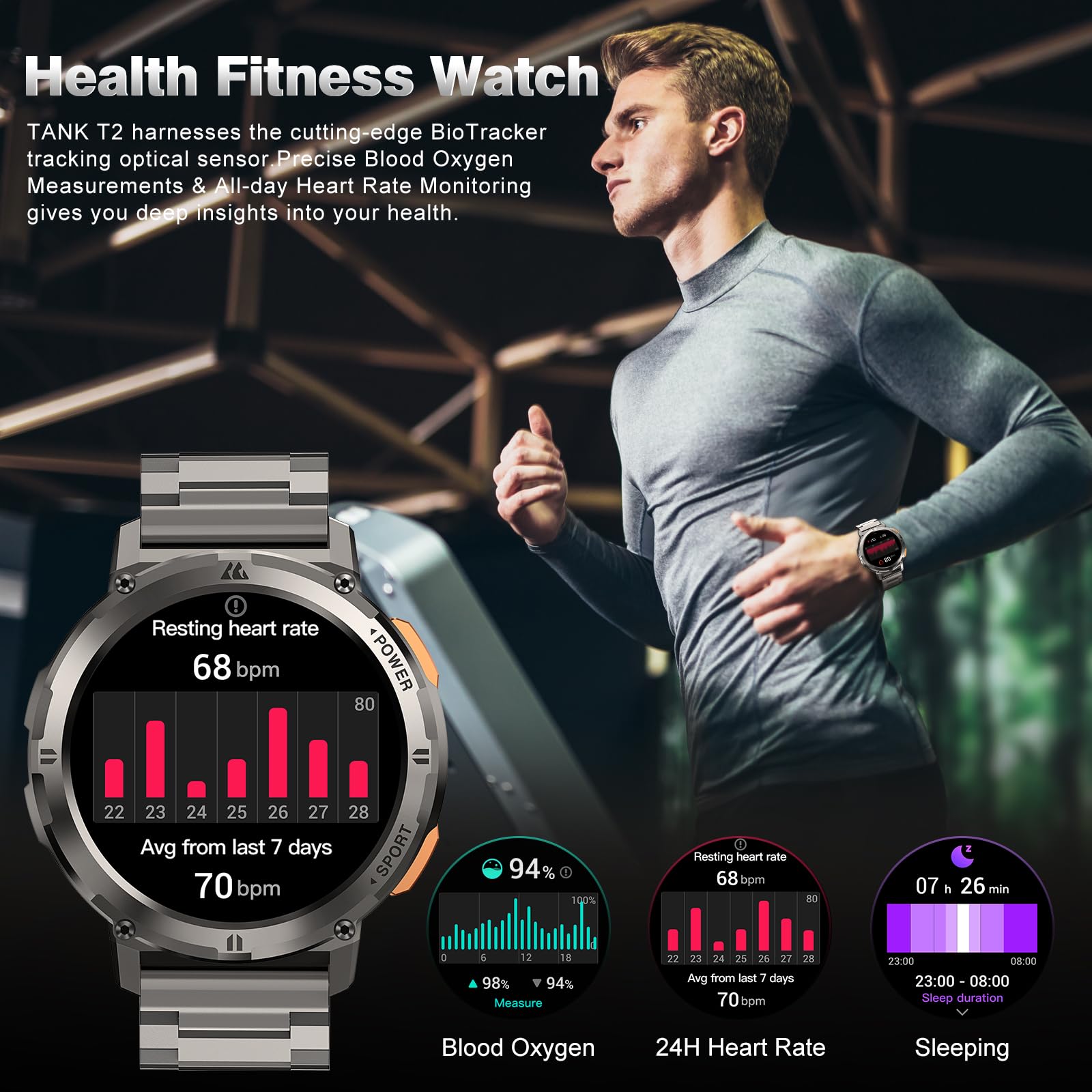 KOSPET Smart Watch for Men, 60 Days Extra-Long Battery, 50M Waterproof, AI Assistant 1.43β AMOLED Always-On Display Rugged Military Smartwatch Answer/Make Call for Android iPhone, Silver(2 Straps)