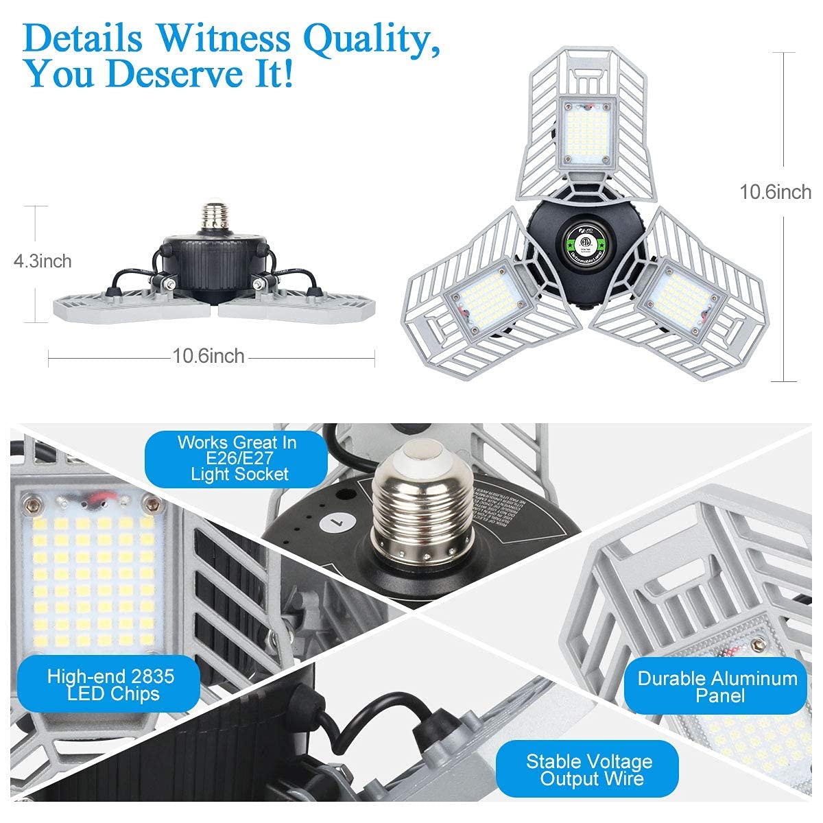KPBOTL Illuminator 360 Led Garage Light 60W Garage Light 6000LM Screw in Light Bulb 3 Panels Ceiling Light Fixture Deformable LED Shop Light Bulb Led Light for Garage Basement Workshop Attic Barn 1