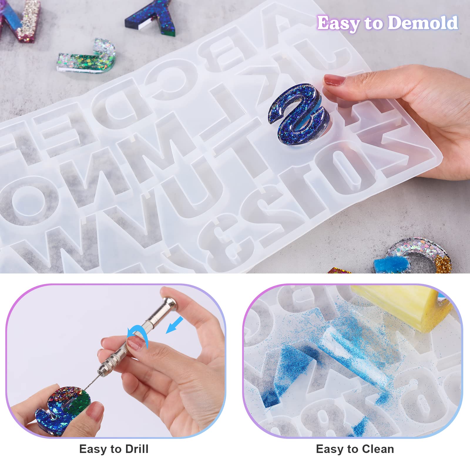 LET'S RESIN 134Pcs Alphabet Resin Molds Silicone Kit, Letter Number Silicone Molds for Resin with Hand Drill,Drill Bits,Key Rings, Screw Pins, Alphabet Molds for Epoxy Resin,Keychain Making