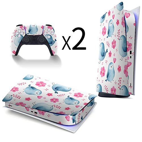 Spring Birds and Pink Flowers Full Protective Skin Cover Design Wrap Decal Sticker Compatible with PS5 Digital Edition Console and Controller