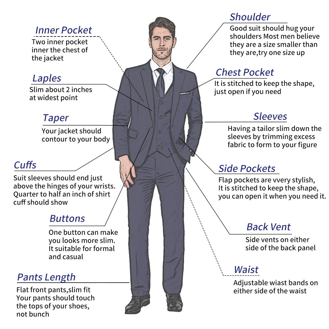 MAGE MALE Men's 3 Pieces Suit Elegant Solid One Button Slim Fit Single Breasted Party Blazer Vest Pants Set Dark Blue