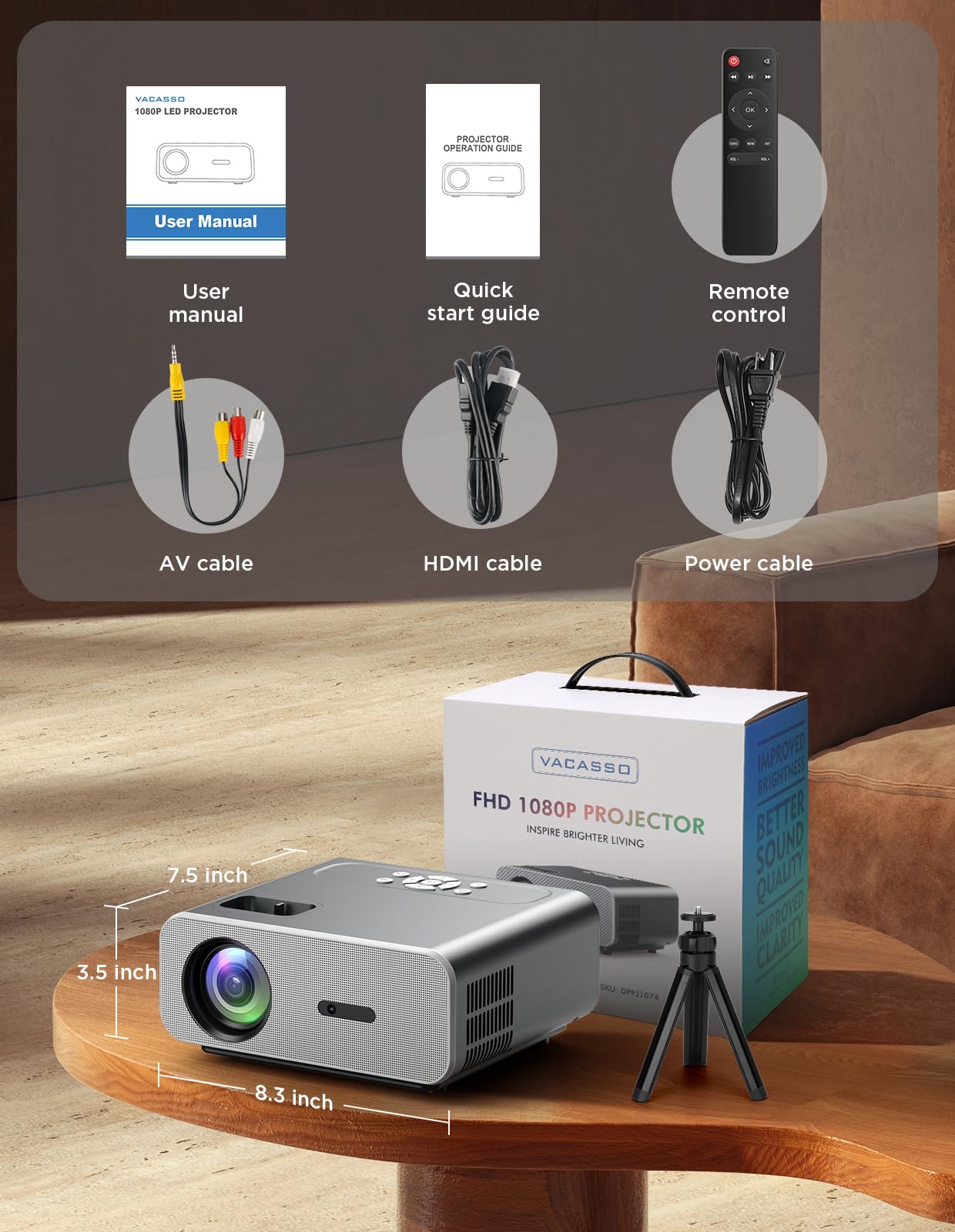 Native 1080P Projector 4K Support, 5G WiFi Bluetooth Portable Projector with Tripod, 11000L Movie Projector, 300" Display Home Projector Compatible with HDMI/TV Stick/iOS/Android/PS5