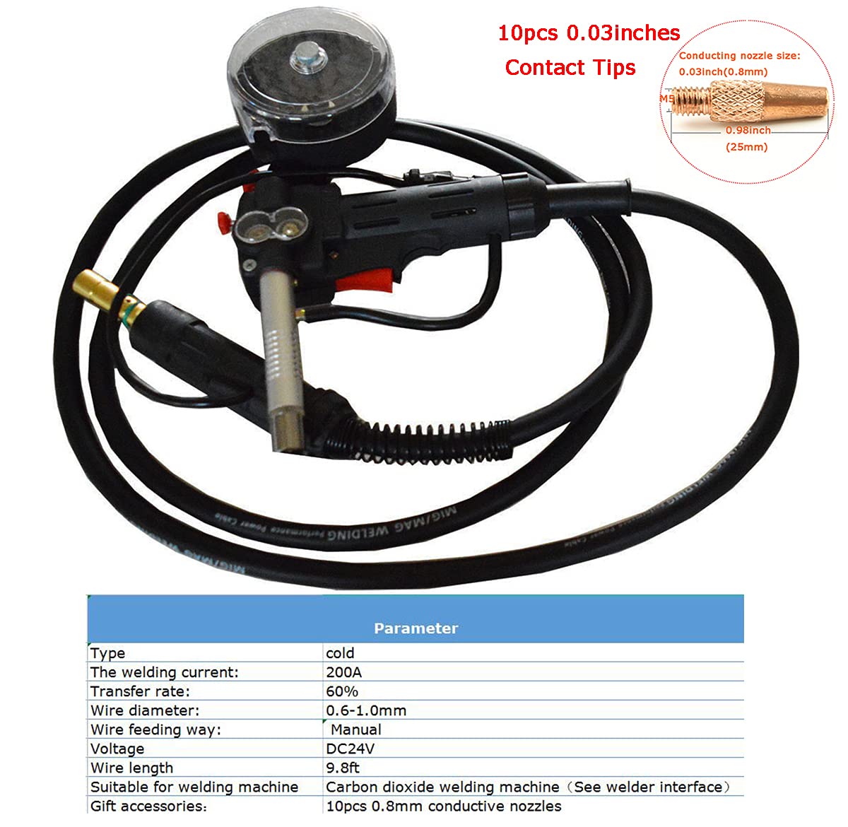 PreAsion Aluminum Spool Gun Fit Spoolmate 100 Series Miller Millermatic 180/300371 Millermatic 140 180 211 with 10pcs Contact Tips Welding Torch Welding Machine with 9.8ft Cable DC24V