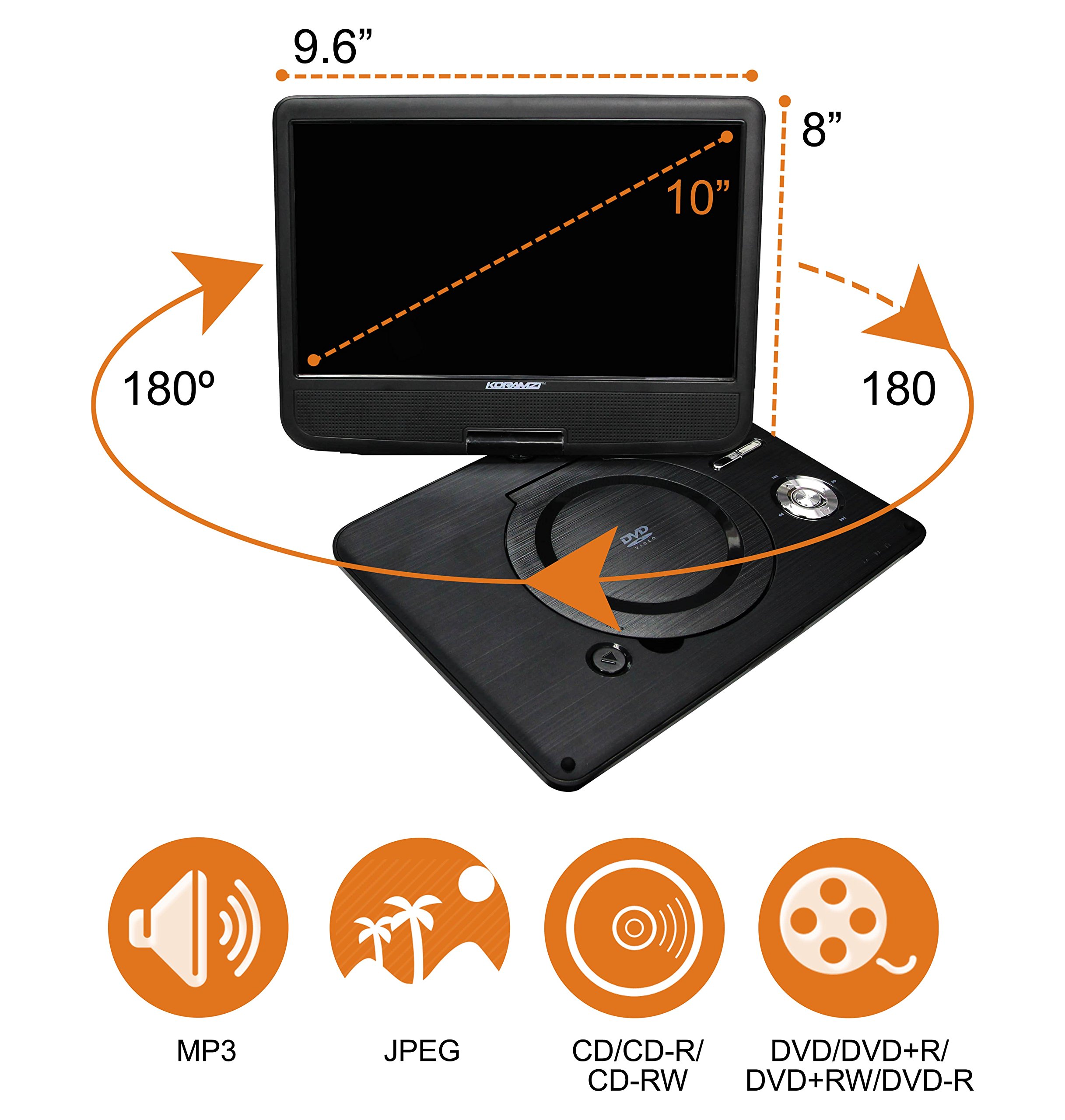 Koramzi Portable Swivel DVD Player with Rechargeable Battery/USB&SD Reader/AV Out/Headphone Jack/Remote Control/AC-DC Power Adaptor/Multi-Region DVD Format- PDVD (Medium, Black)