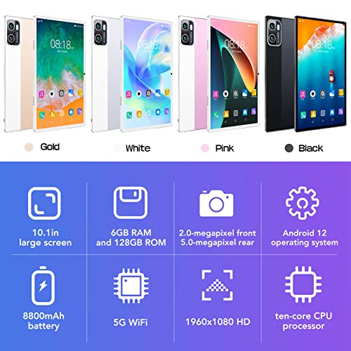 Tablet 10 Inches, 10.1 Inch Tablet Core CPU 5G 12 128 Gb 6GB 128GB 200W 500W 1960x1080 8800mAh Rose Gold Callable 100‑240V T WiFi for Android