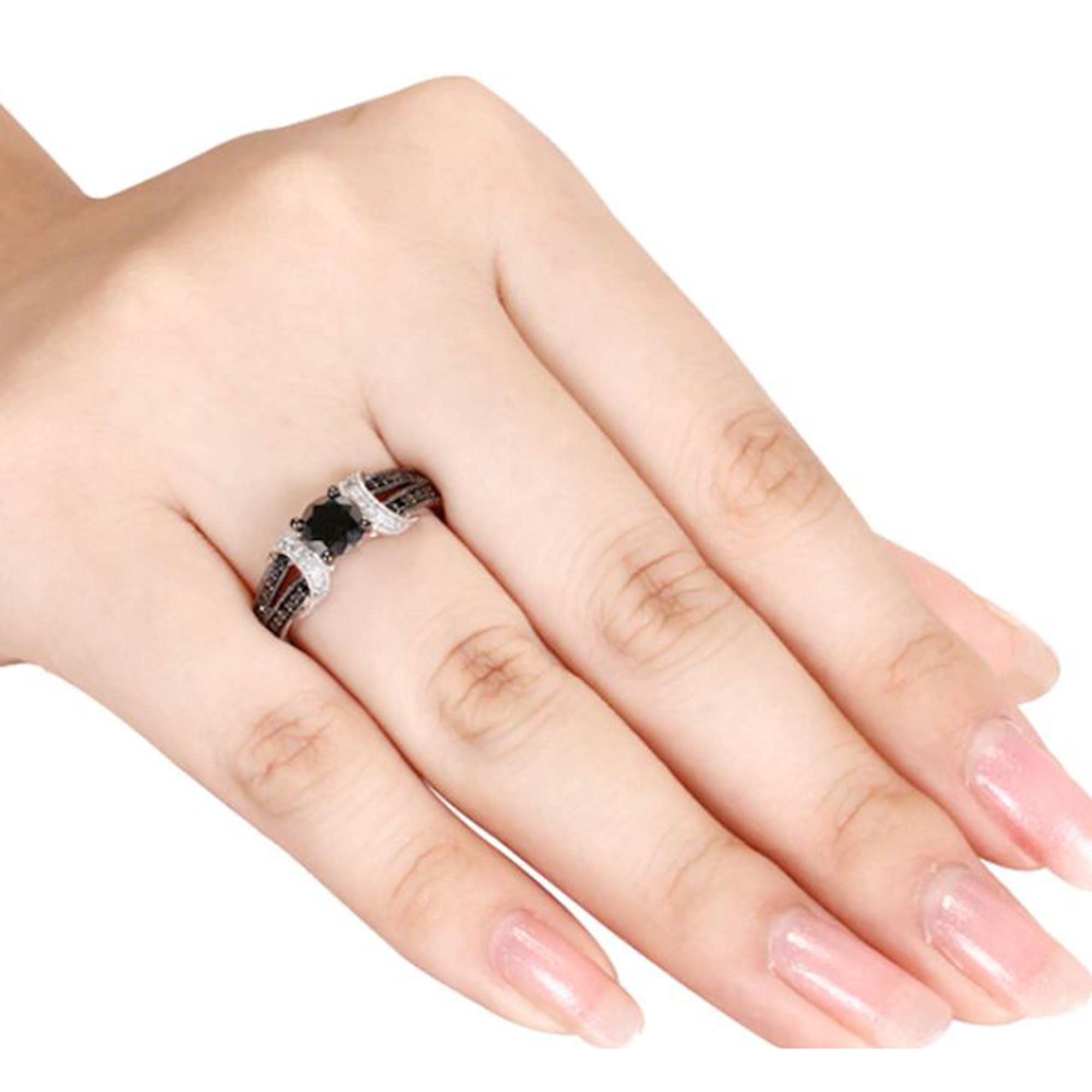 Prettyshinejewels 0.75 Ct Round Cut Black & White Diamond Solitaire with Accent Engagement Ring 14k White Gold Plated 925 Sterling Silver10.5