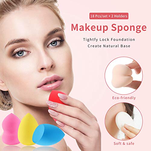 Makeup Sponge 18 Pcs Set-Beauty Sponge Foundation Blending Sponge with 2 Pcs Egg Sponge Blending Holder Stand, Flawless for Liquid & Creams & Powers (Sponge stand color random)