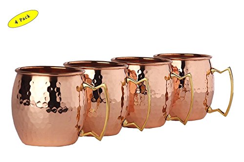 Prisha India Craft Set of 4 Moscow Mule Solid Copper Mug 16 OZ - 100% Pure Copper Hammered Lacquered Finish, Cocktail Cup, Copper Mugs, Cocktail Mugs with No Inner Linings