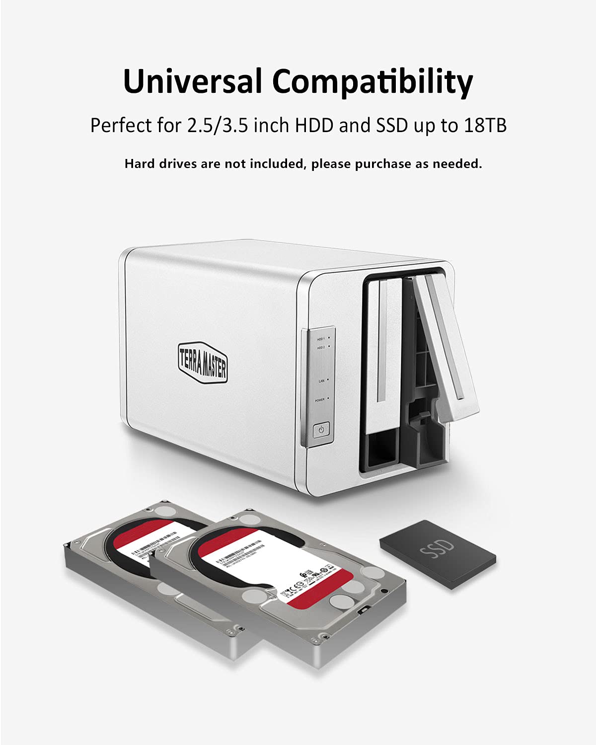 TERRAMASTER F2-210 NAS 1GB Quad Core & 2Bay USB3.1 Enclosure D2-310 RAID Storage External HDD Dock, Expand The Capacity of Network Attached Storage NAS Server