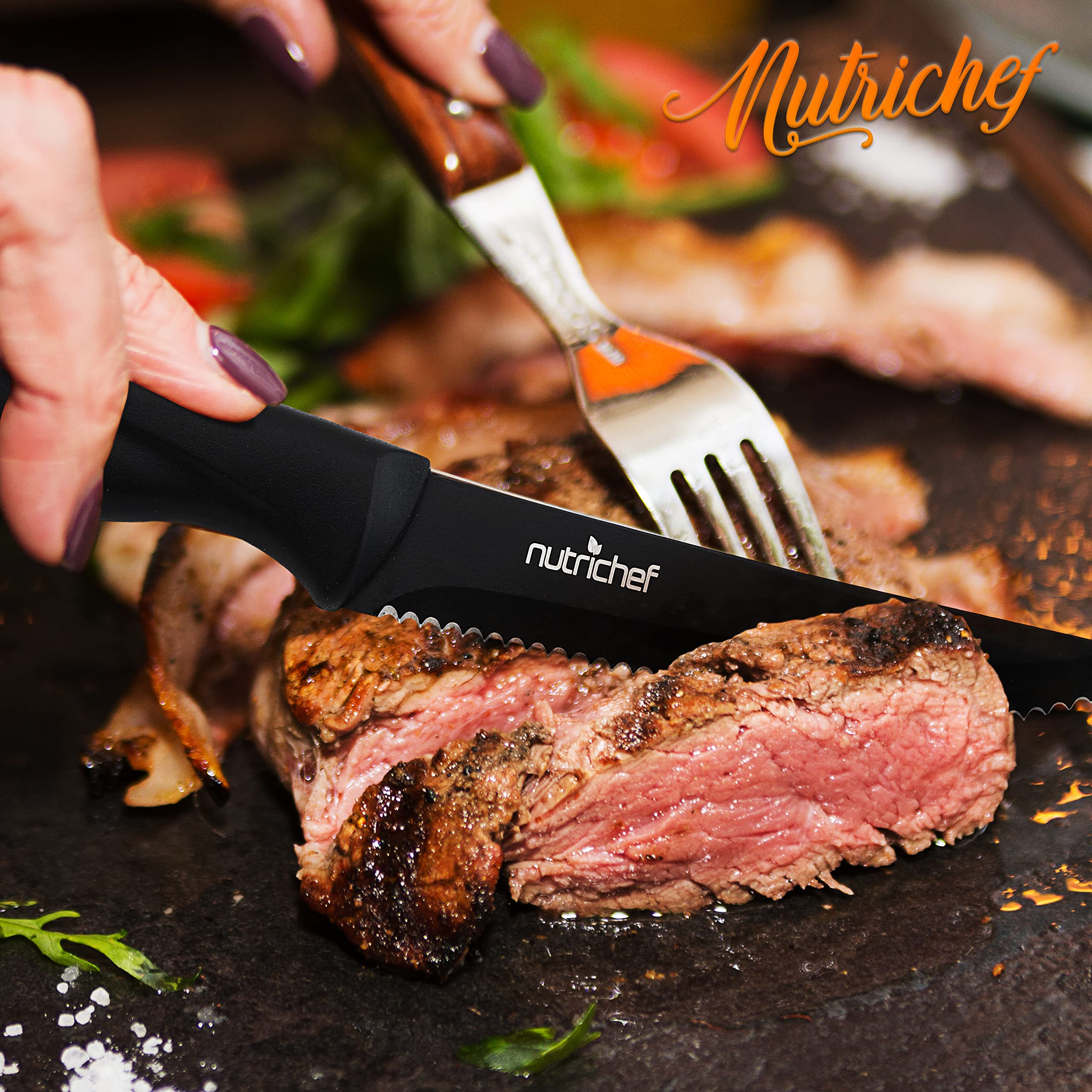 NutriChef Steak Knife Set of 8 - Premium Serrated Stainless Steel Kitchen Knife Set - Ergonomic Design, Sharp Blades, Non-Stick, & Rust-Resistant - Perfect for Home, BBQ's & Restaurants Black