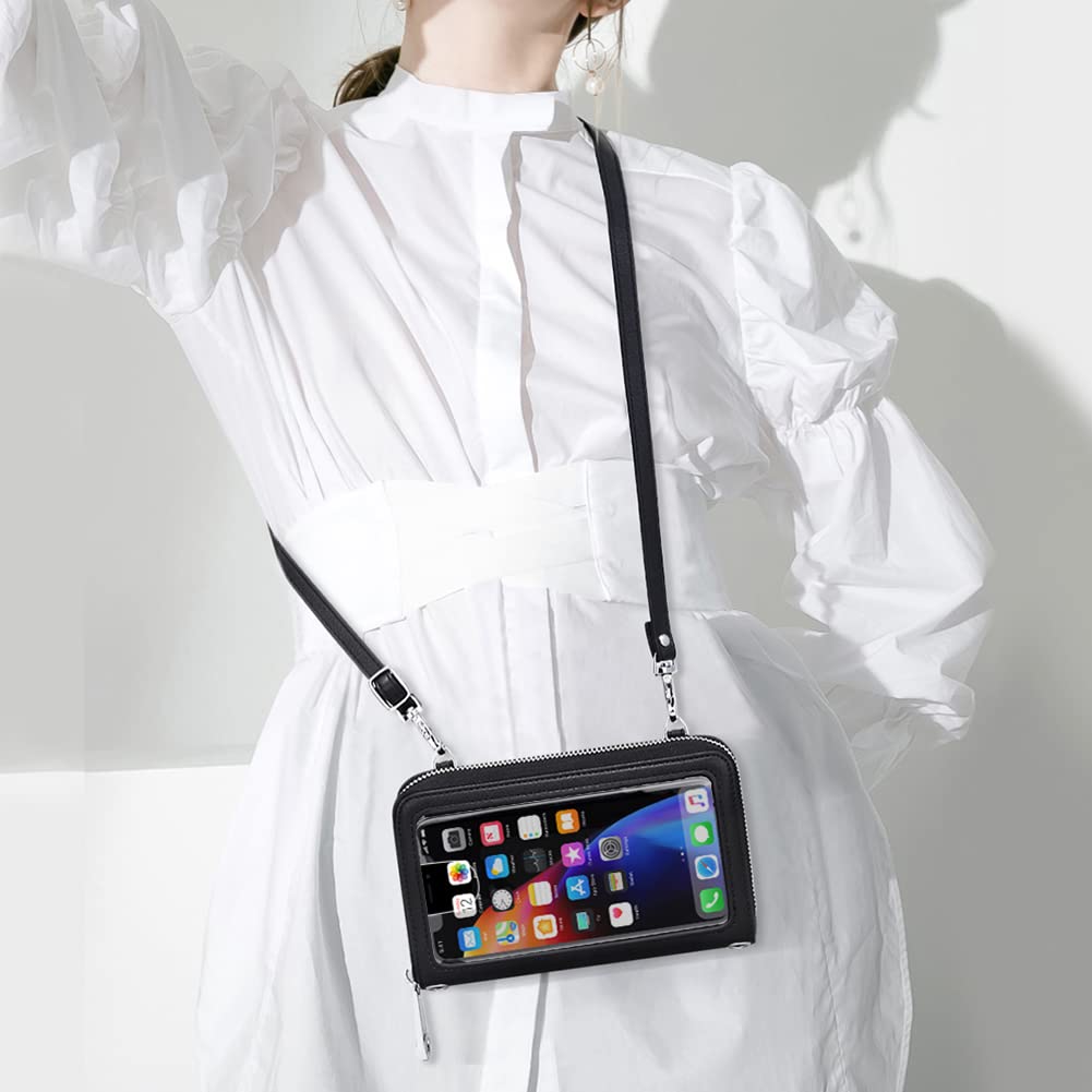 Small Purses for Women Cell Phone Crossbody Bag Large Capacity Wallet Zip Around with Clear Window and Wristlet(Black Thumb Hole)