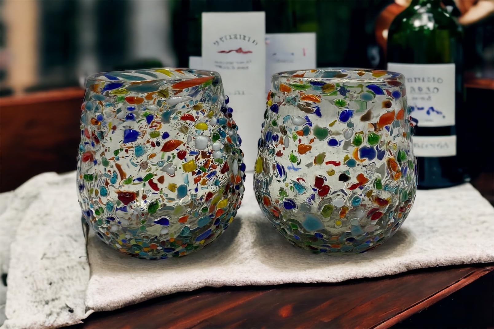 Mexican Confetti Rock Wine Glasses - Set of 2 | Hand Blown 18oz Stemless Glassware