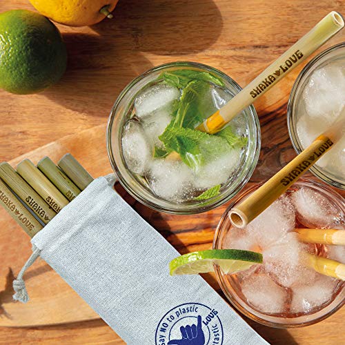 SHAKA LOVE Reusable Bamboo Drinking Straw Set 9 Inch | 100% Natural, Biodegradable, Eco, Organic | Cleaning Brush & Cotton Carry Pouch | Juice, Smoothies, Shakes, Coffee, ALOHA Cocktails | 5 Pack