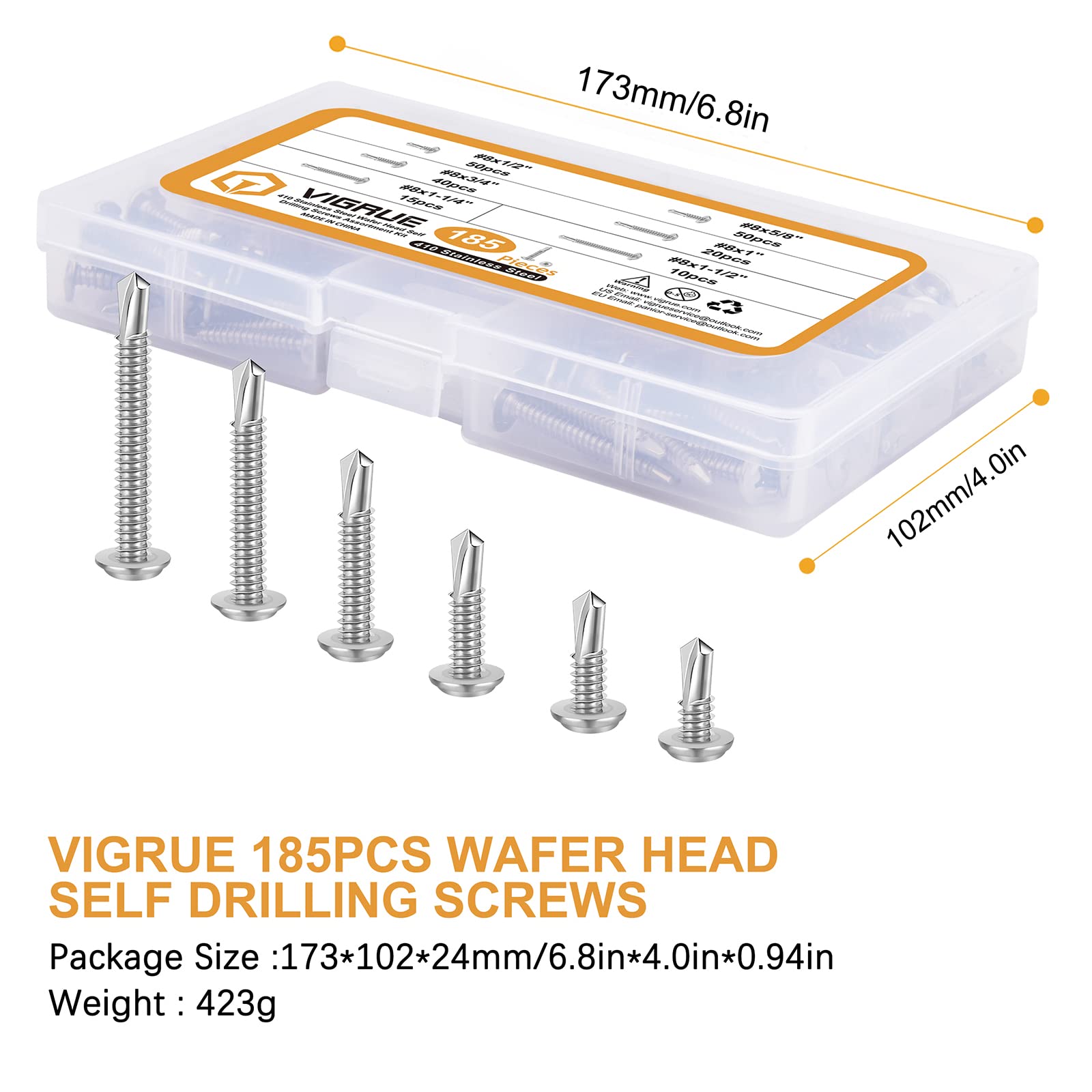 VIGRUE 185Pcs #8 Truss Head Self Tapping Screws, 410 Stainless Steel Low Profile Self Drilling Tek Screw Assortment Kit, Length 1/2'' to 1-1/2''